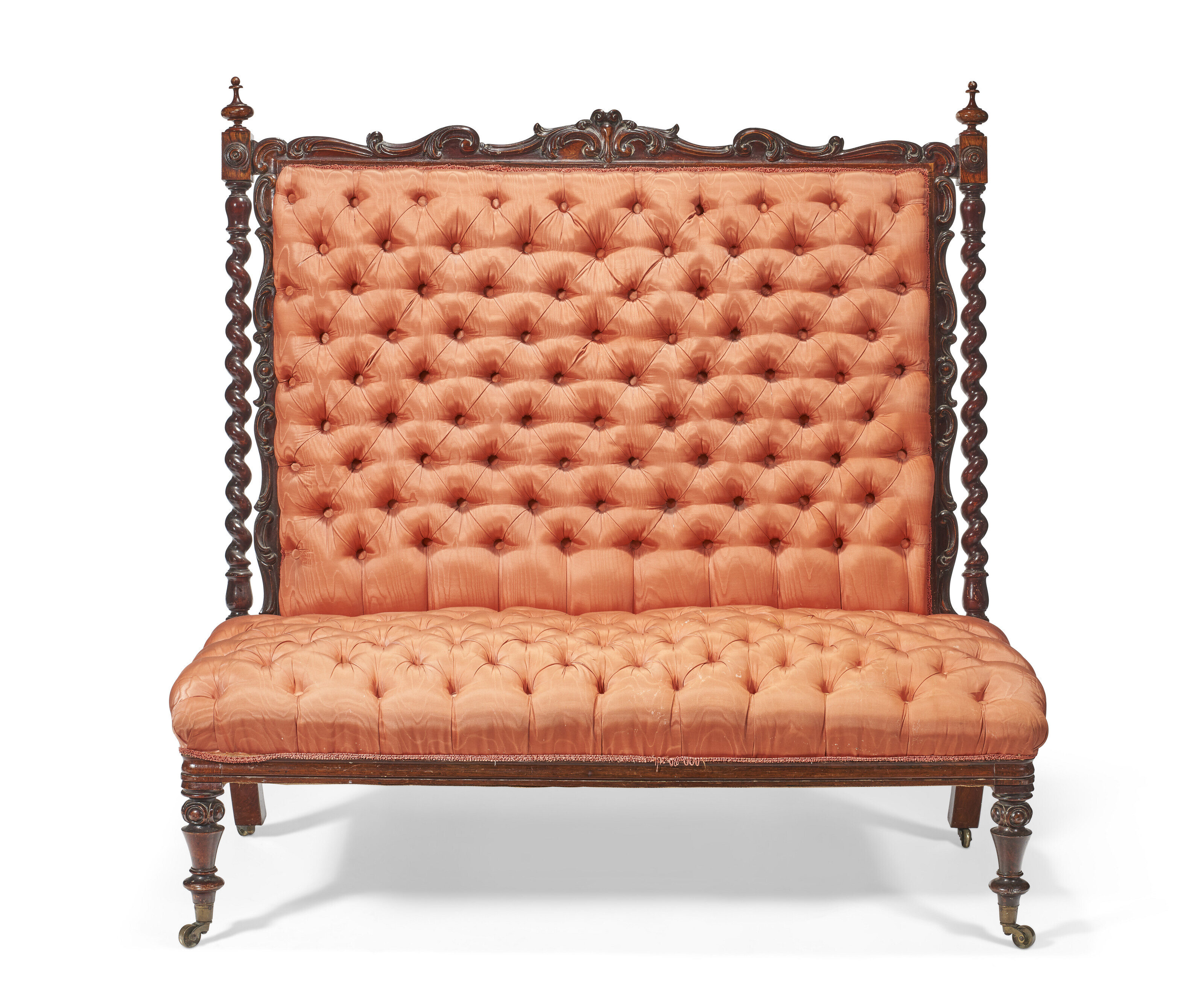 A RENAISSANCE REVIVAL WALNUT AND BUTTON-TUFTED SETTEE, LATE 19TH ...