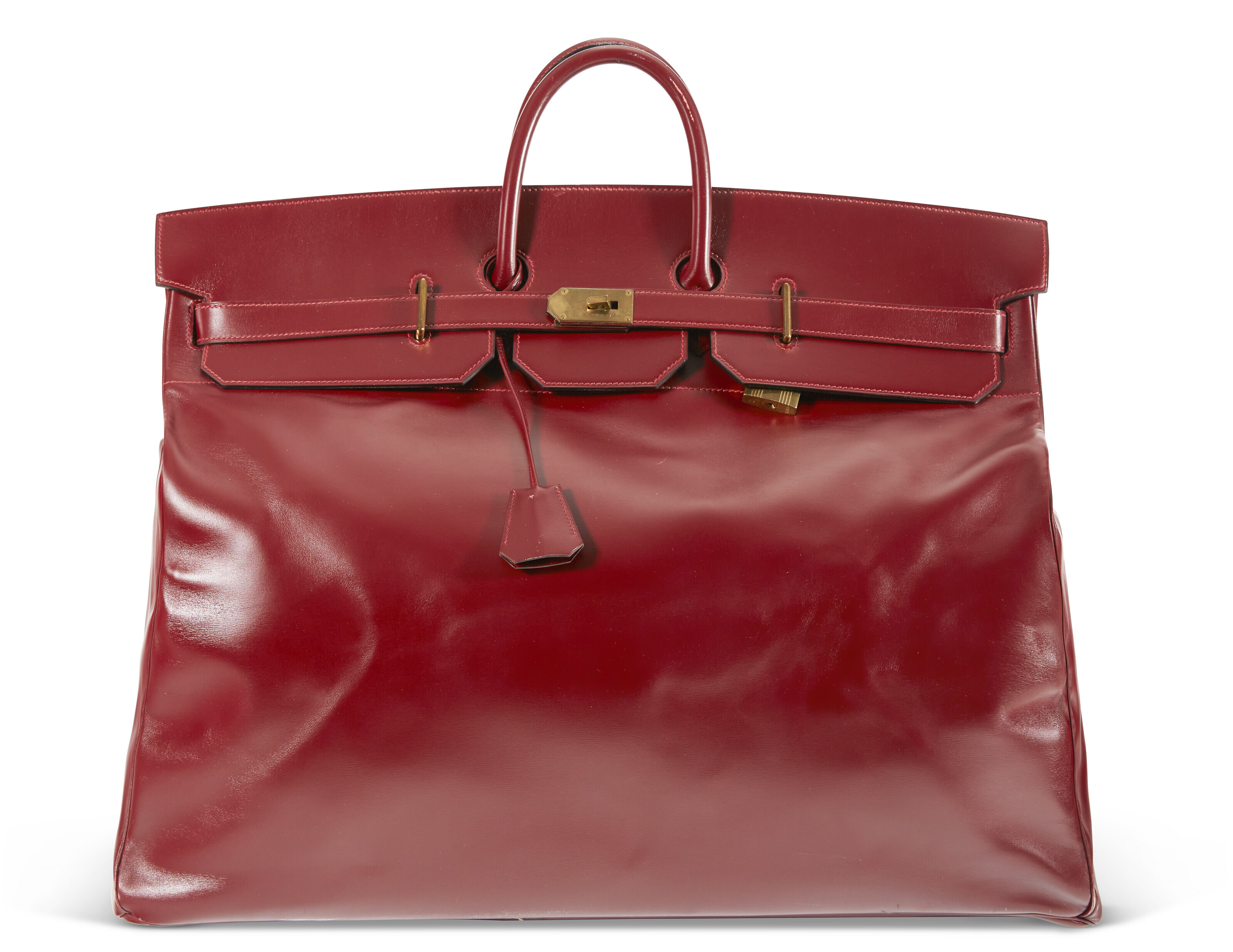 A PERSONALIZED ROUGE H CALF BOX LEATHER HAC BIRKIN 60 WITH GOLD ...