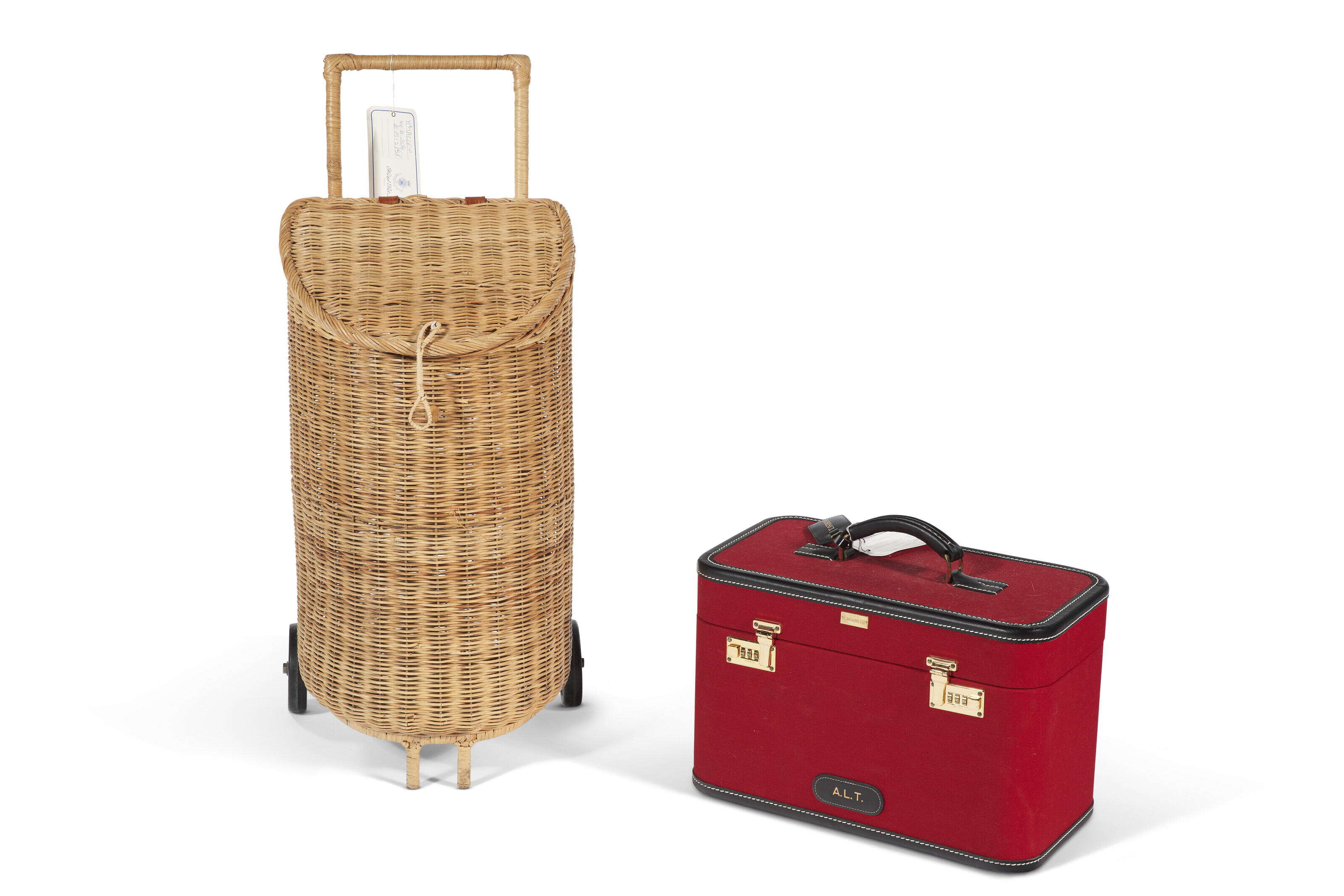 SET OF TWO: A PERSONALIZED RED CANVAS TRAVEL CASE & A WICKER ROLLING ...