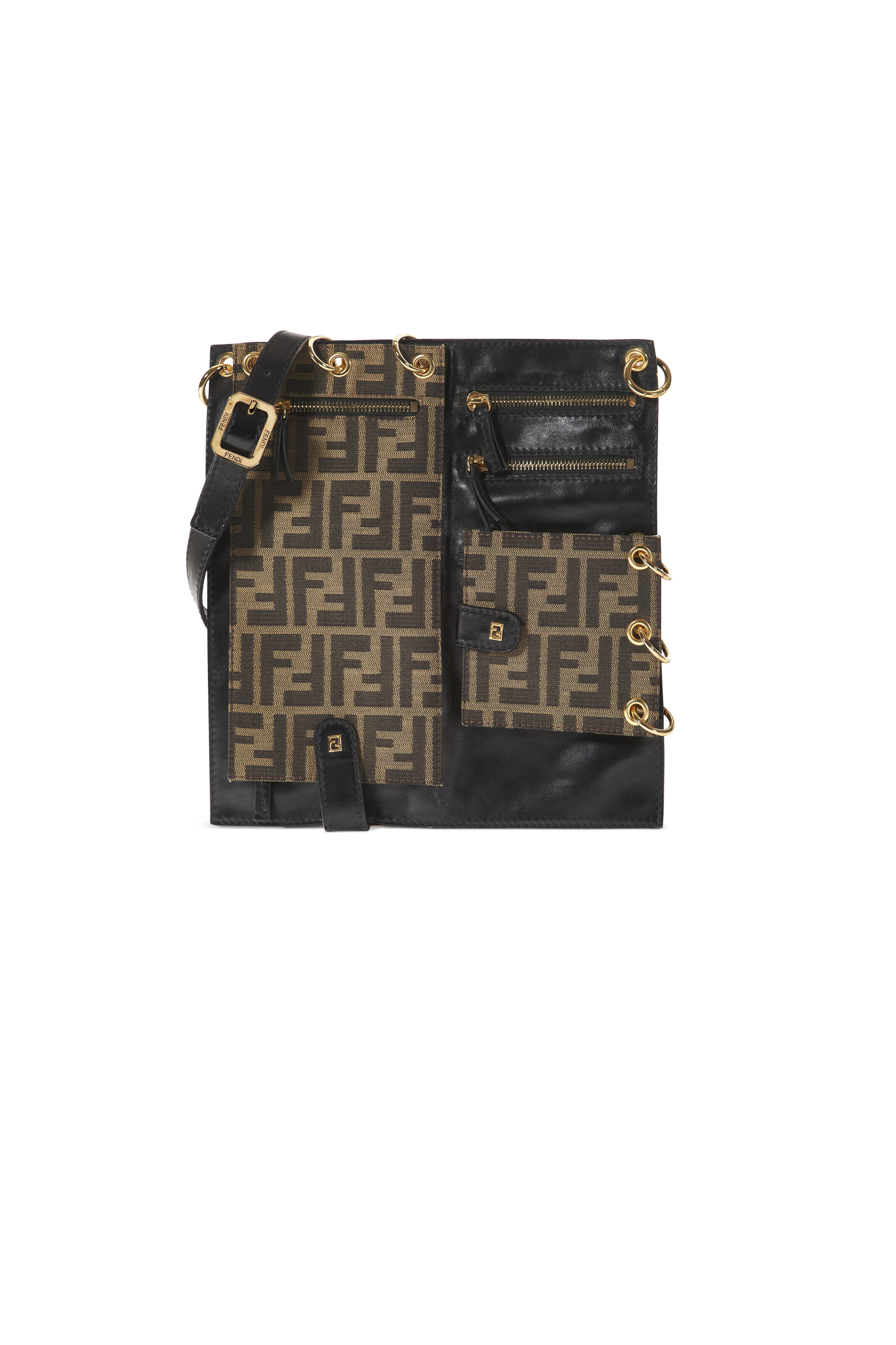 A BROWN MONOGRAM CANVAS & BLACK LEATHER CROSSBODY BAG WITH GOLD ...