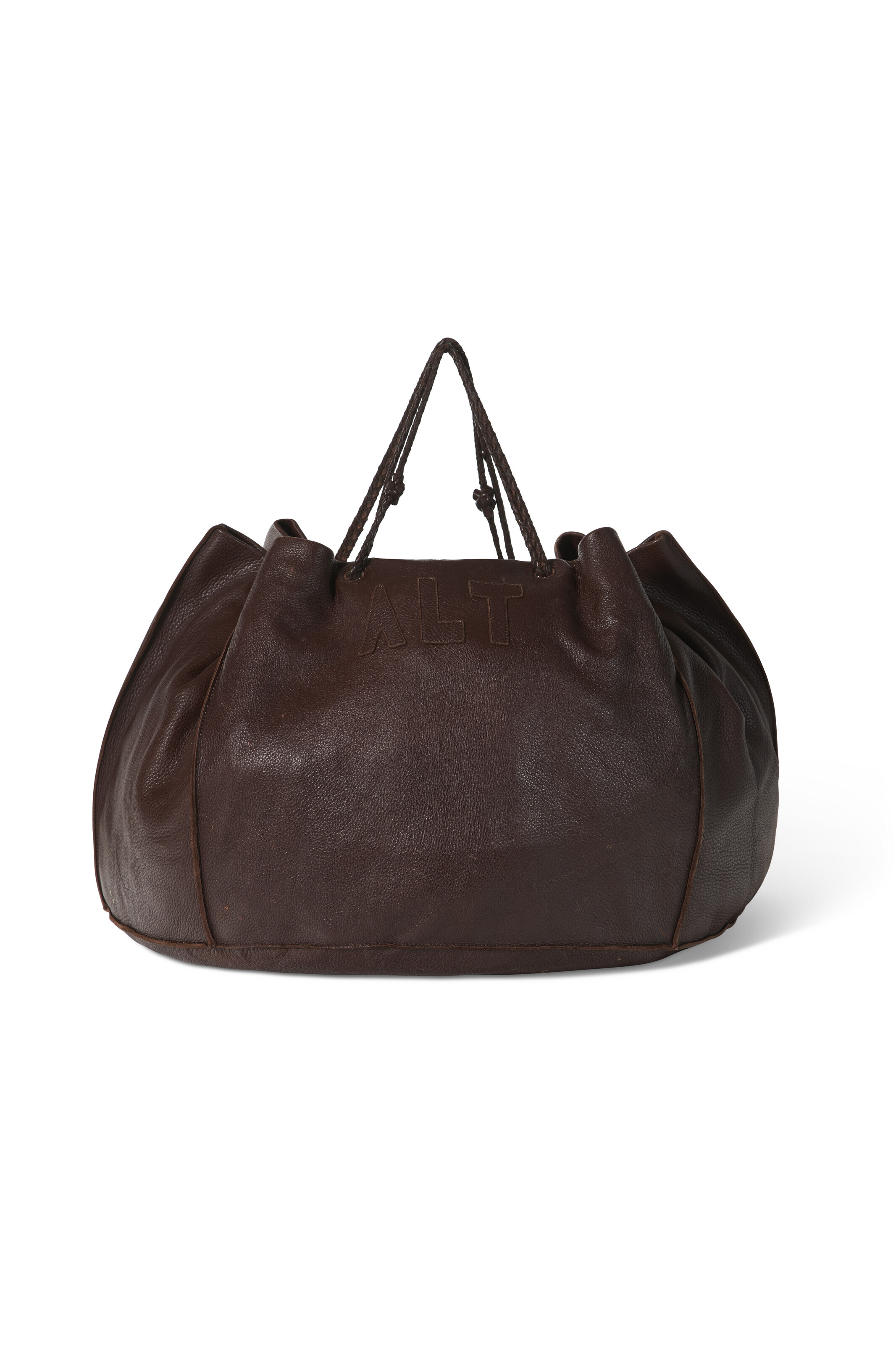 A PERSONALIZED BROWN LEATHER OVERSIZED DRAWSTRING TOTE BAG, BOTTEGA ...