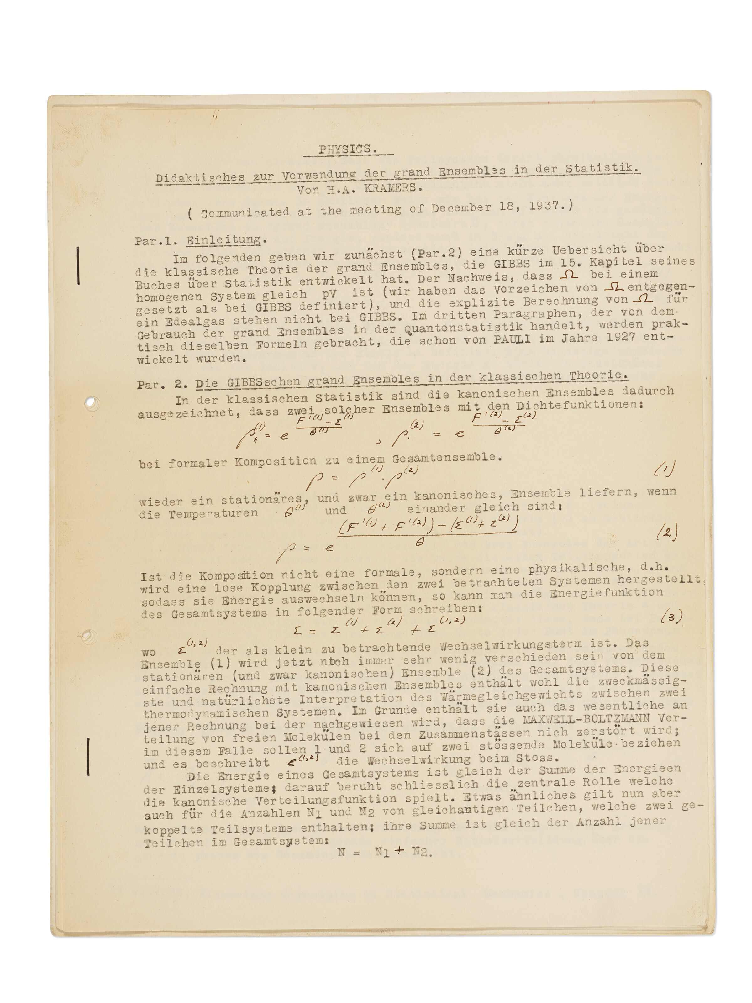 On expanding Gibbs' grand ensemble theory, Hendrik Anthony Kramers ...