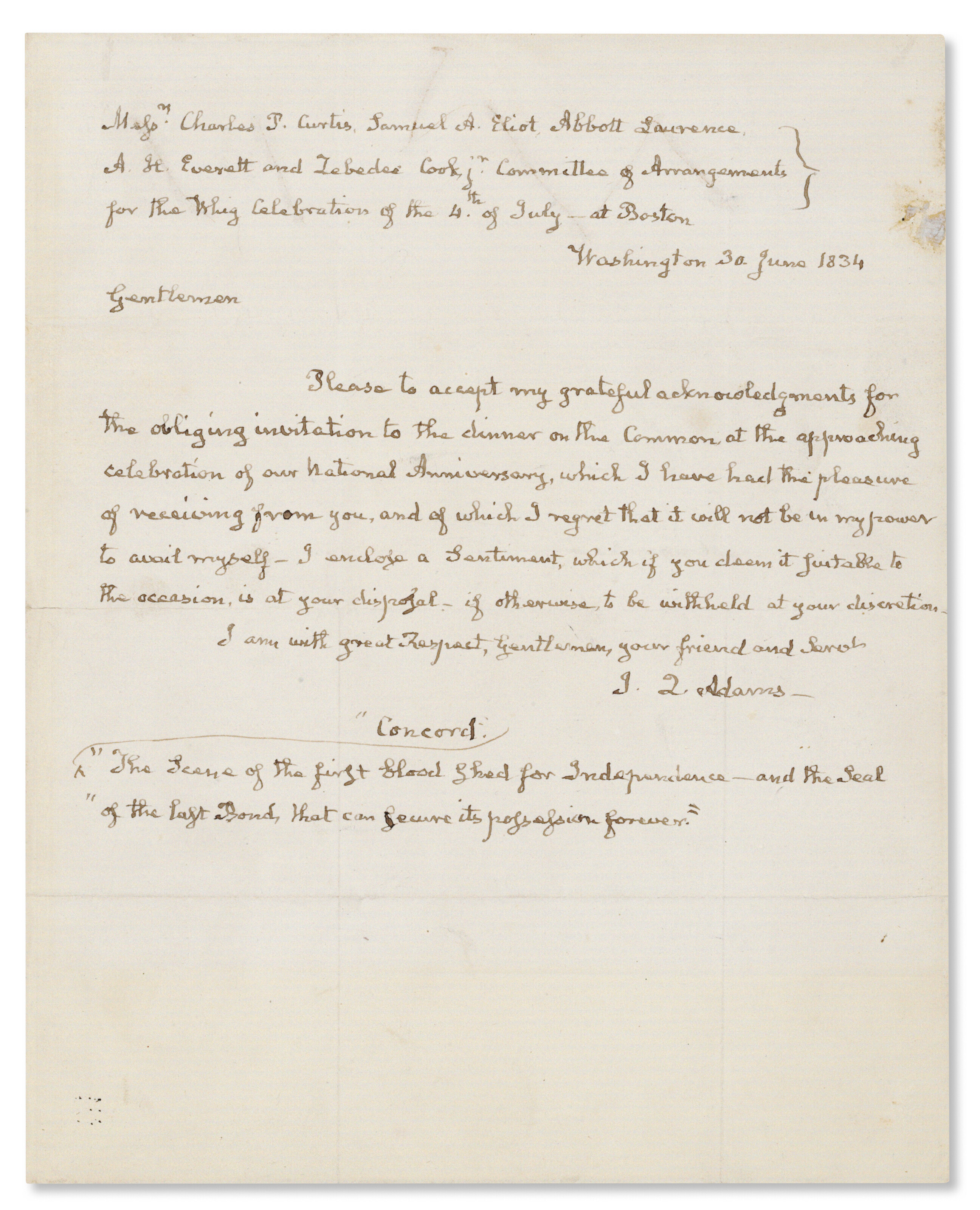 Offering sentiments for Concord's Independence Day celebration, John ...