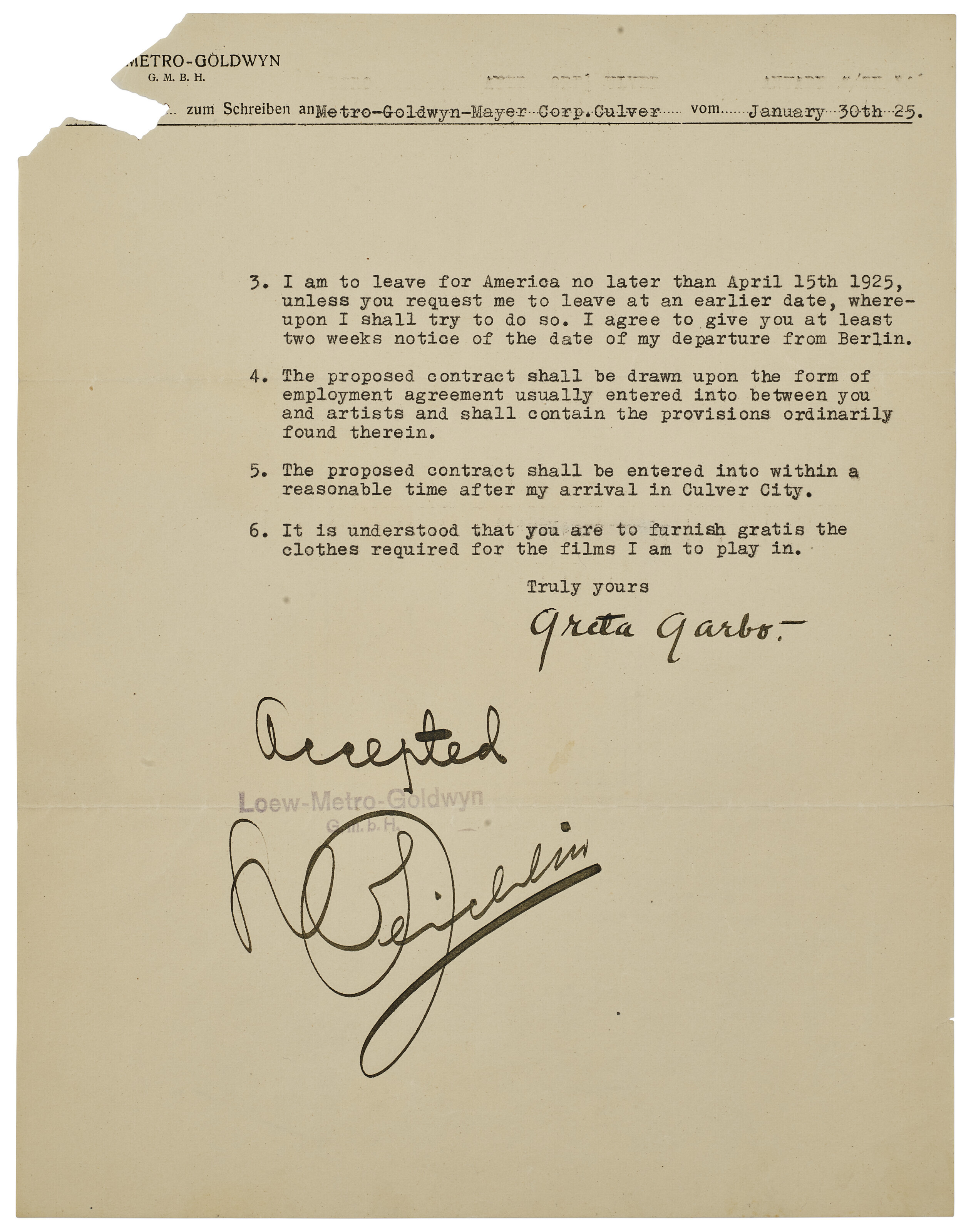 Her first U.S. studio contract, Greta Garbo, 30 January 1925 | Christie’s