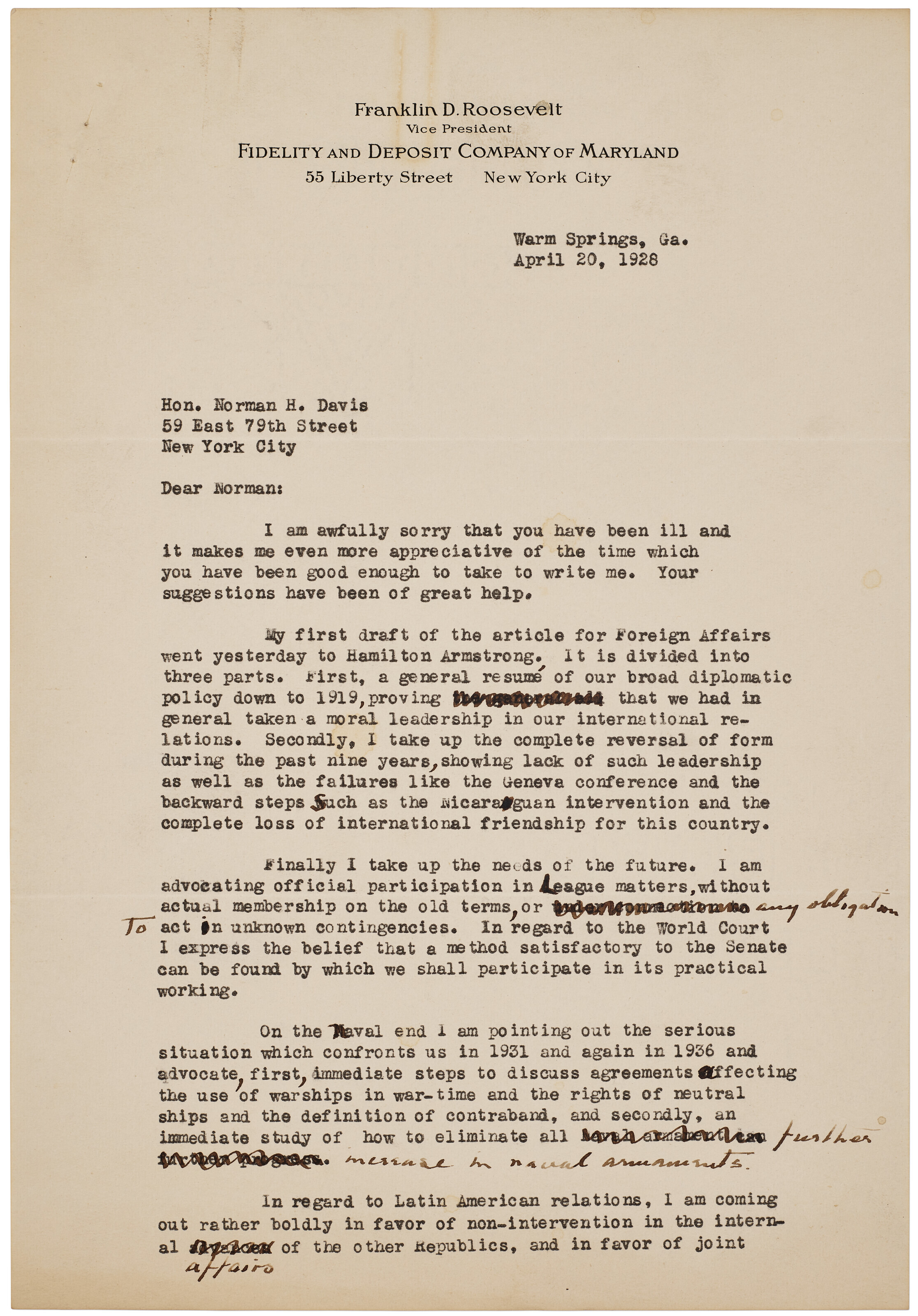 An excellent foreign policy letter to Norman Davis, Franklin D ...