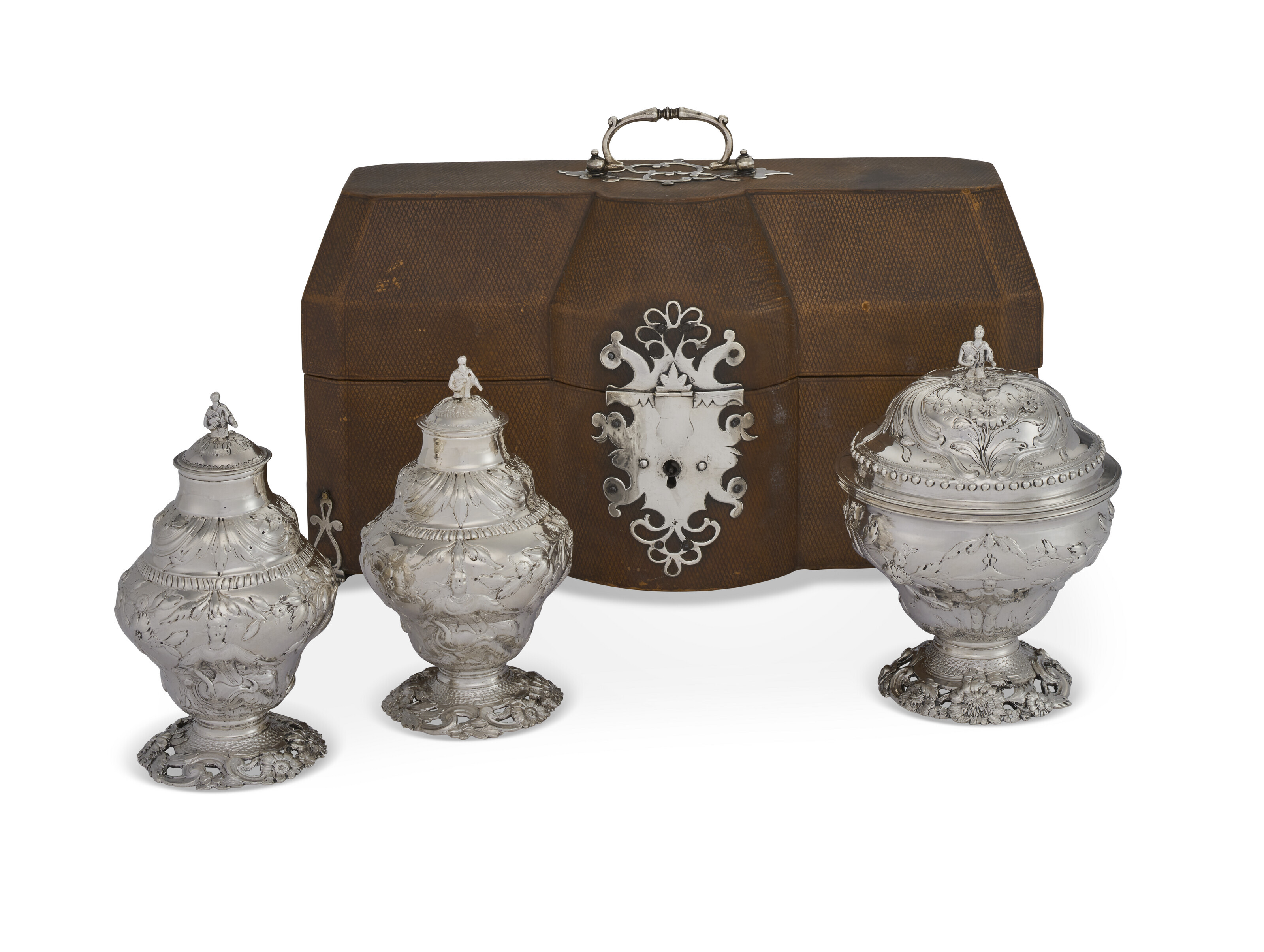 A PAIR OF GEORGE III SILVER TEA CADDIES AND A SUGAR BOWL AND COVER ...