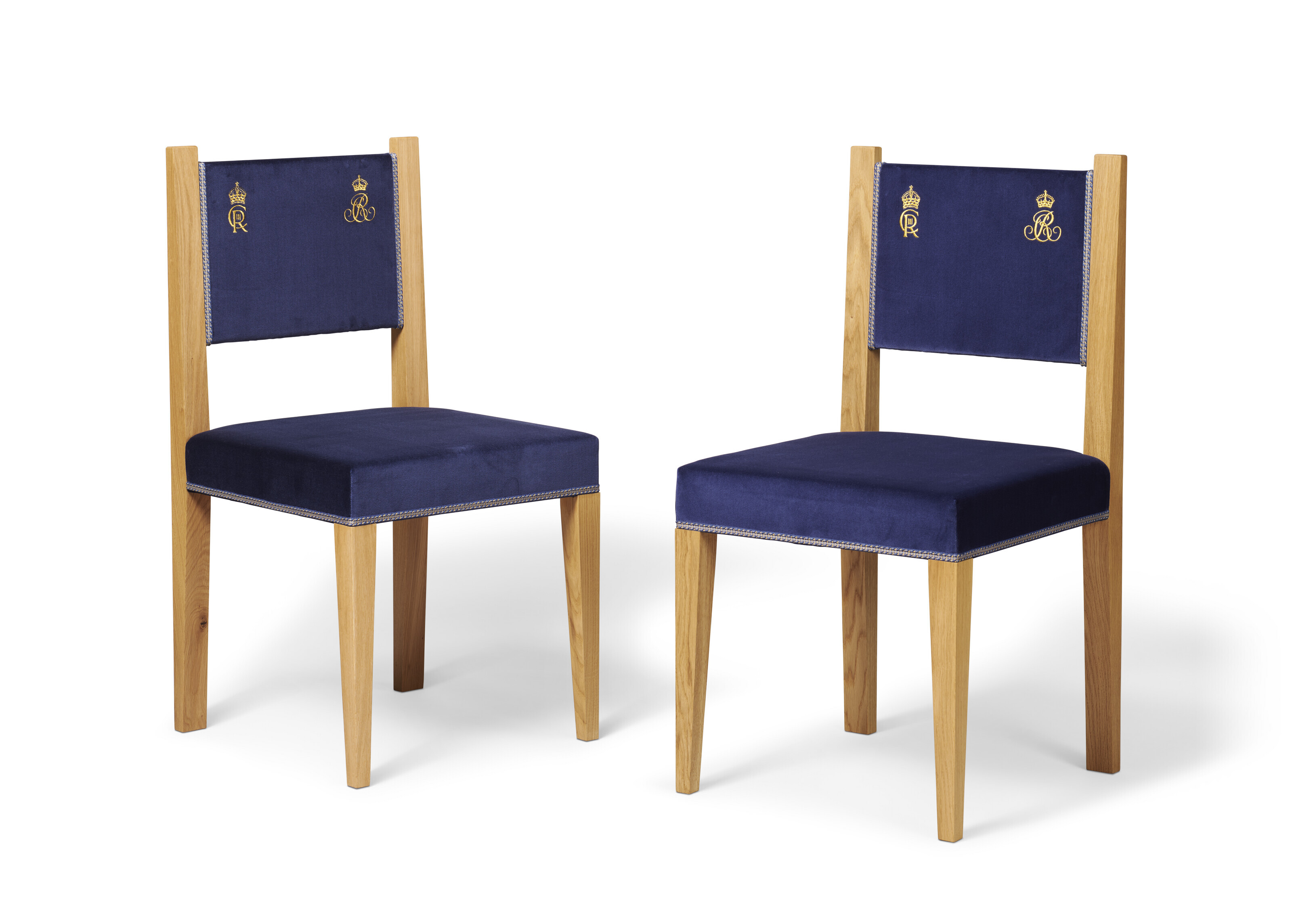 A PAIR OF CHARLES III OAK CORONATION CHAIRS, BY N.E.J STEVENSON & SONS ...
