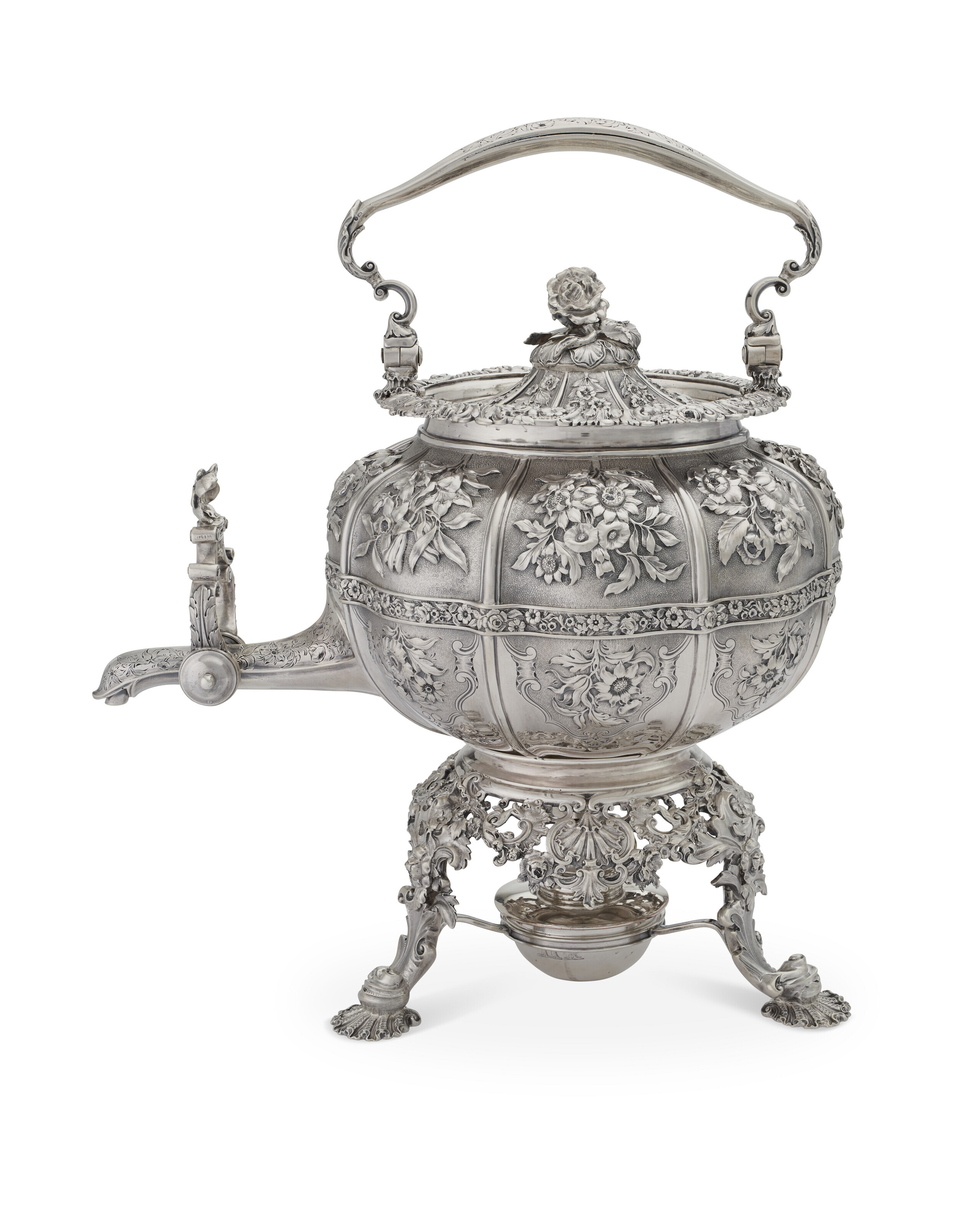 A GEORGE IV SILVER KETTLE ON LAMP STAND, MARK OF PAUL STORR, LONDON ...