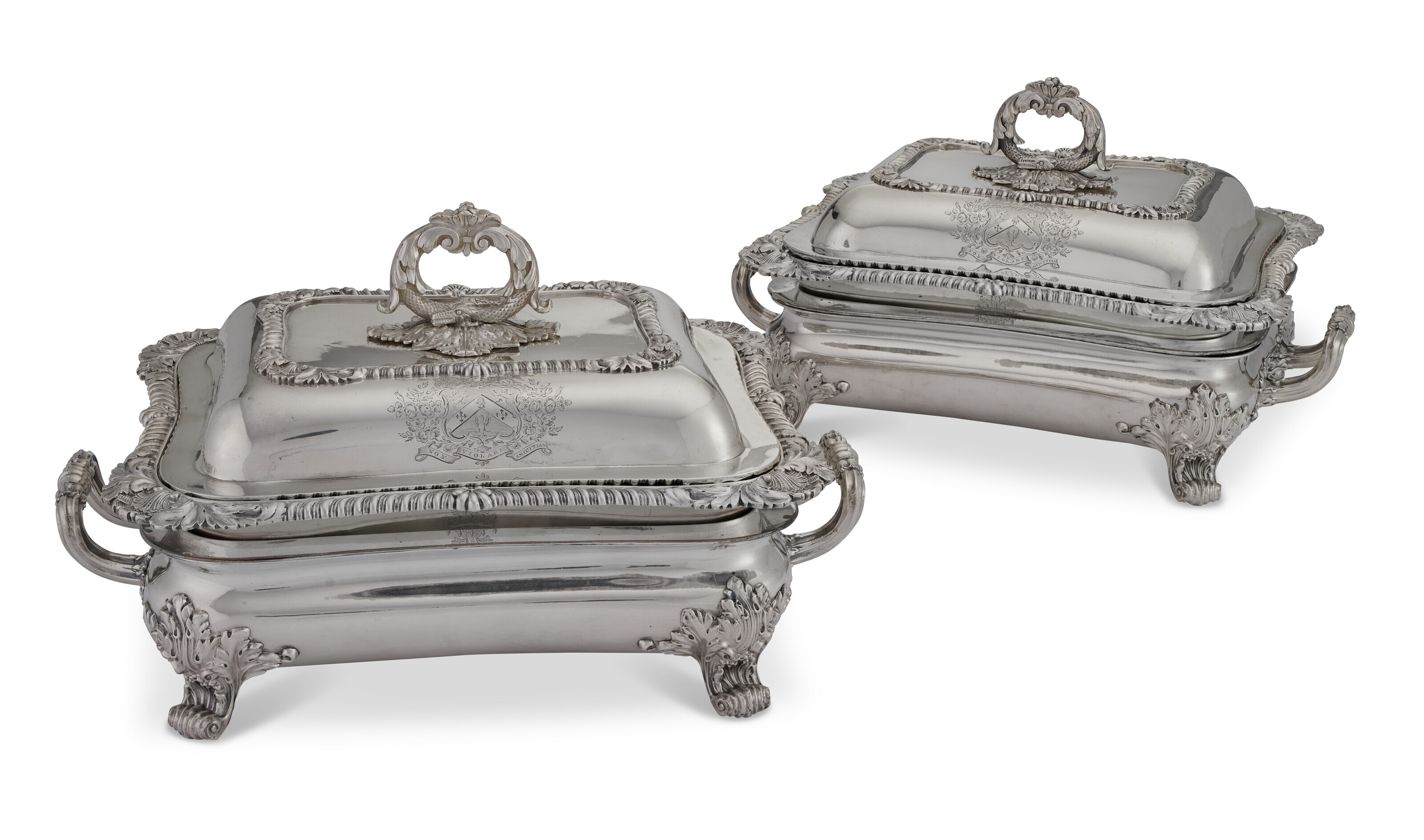 A PAIR OF REGENCY SILVER ENTREE DISHES AND COVERS AND SHEFFIELD-PLATED ...