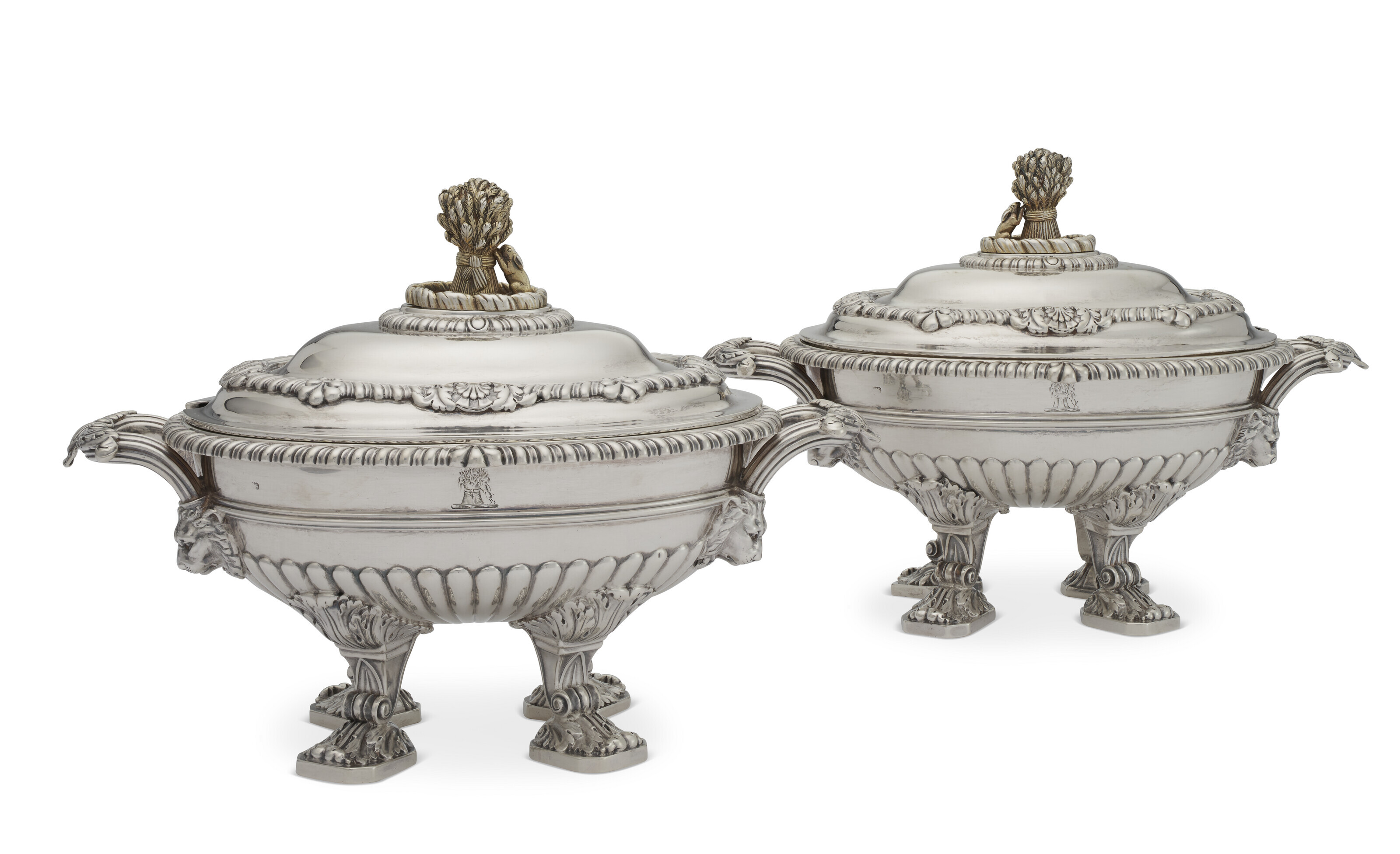 A PAIR OF GEORGE III PARCEL-GILT SILVER SAUCE TUREENS AND COVERS, MARK ...