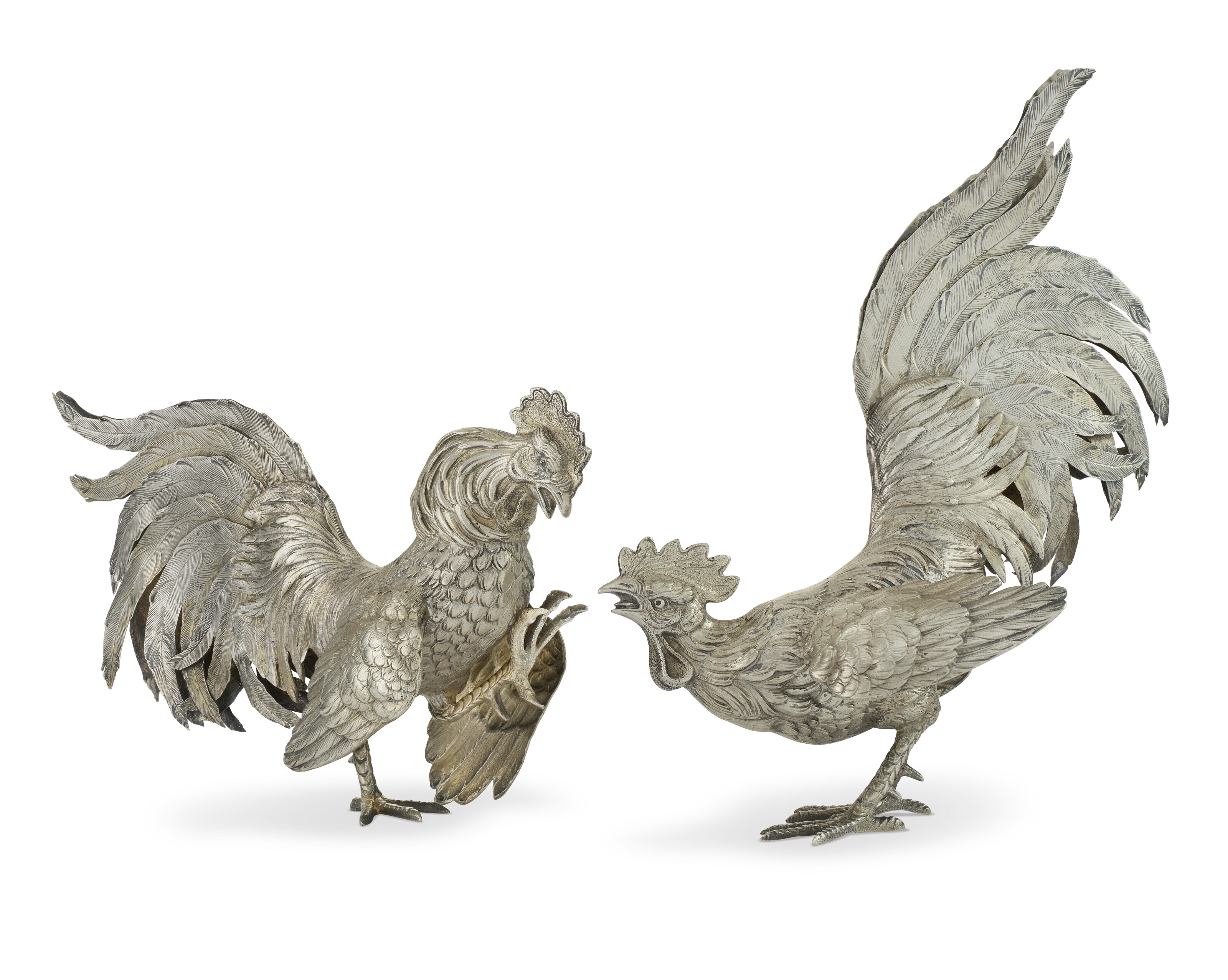 A PAIR OF GERMAN SILVER MODELS OF FIGHTING COCKERELS, CIRCA 1900 ...