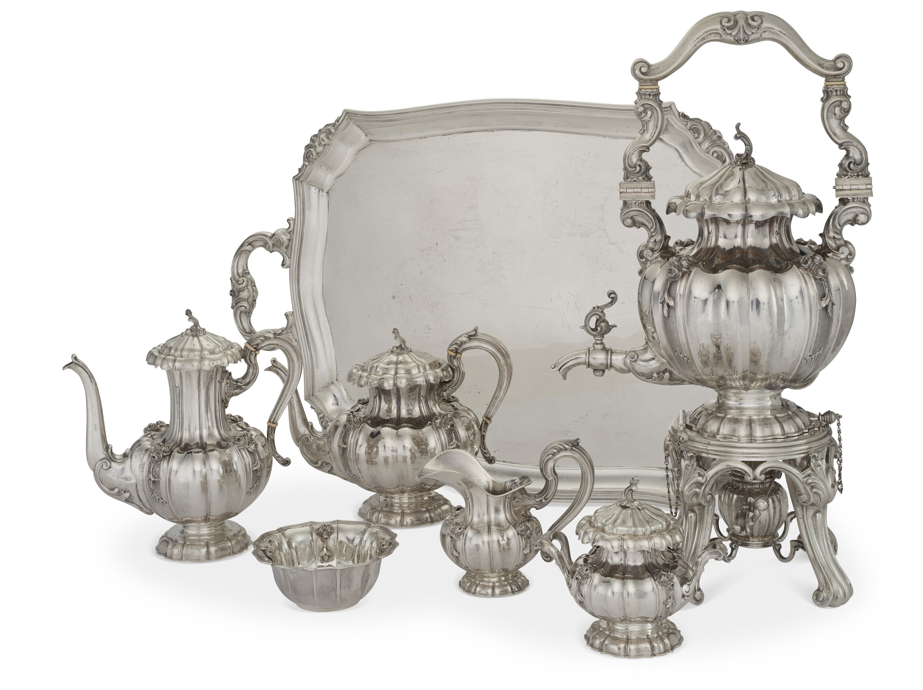 AN ITALIAN SILVER SEVEN-PIECE TEA AND COFFEE SERVICE AND TWO-HANDLED ...