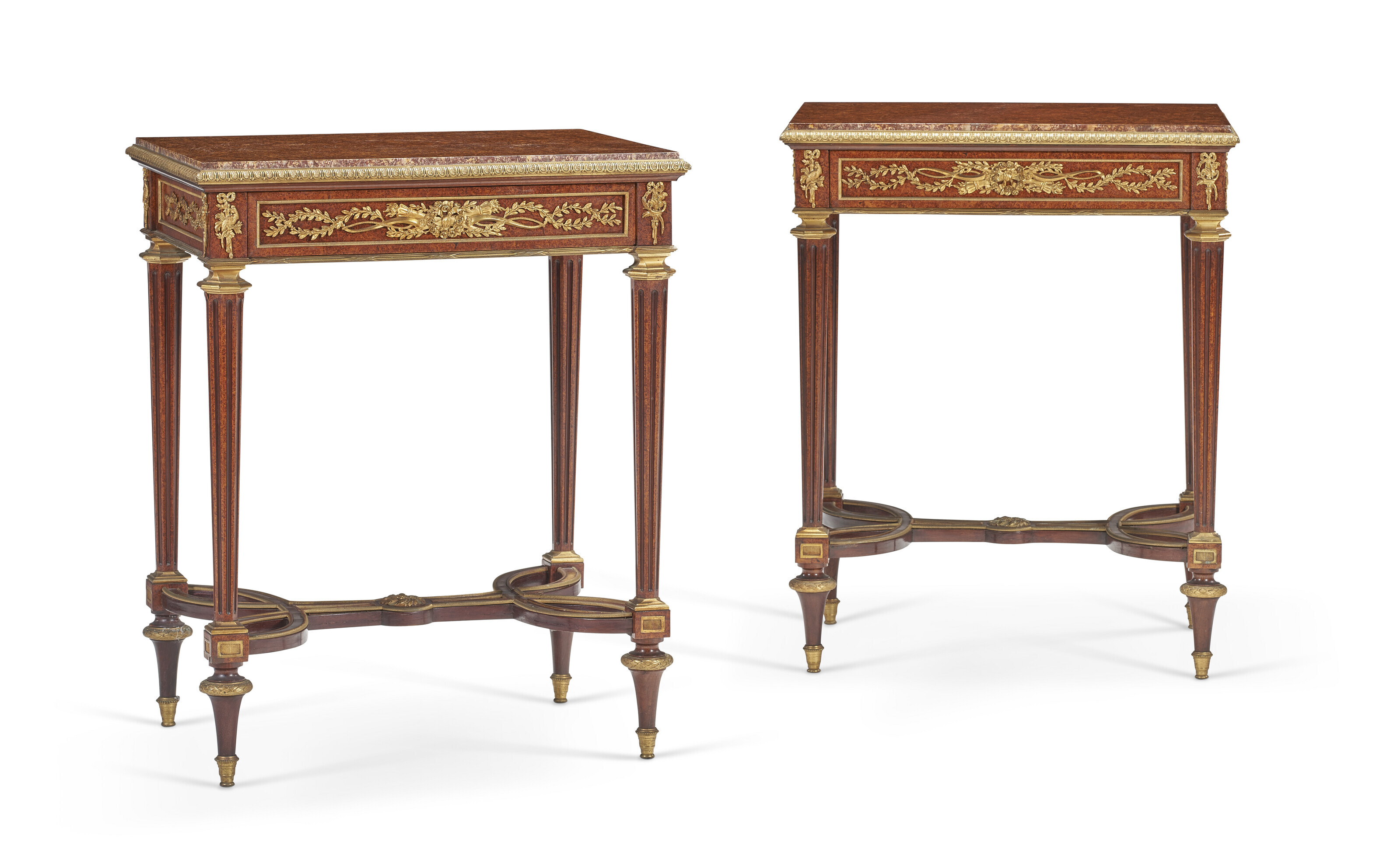 A PAIR OF FRENCH ORMOLU-MOUNTED THUYA AND AMARANTH SIDE TABLES, IN THE ...