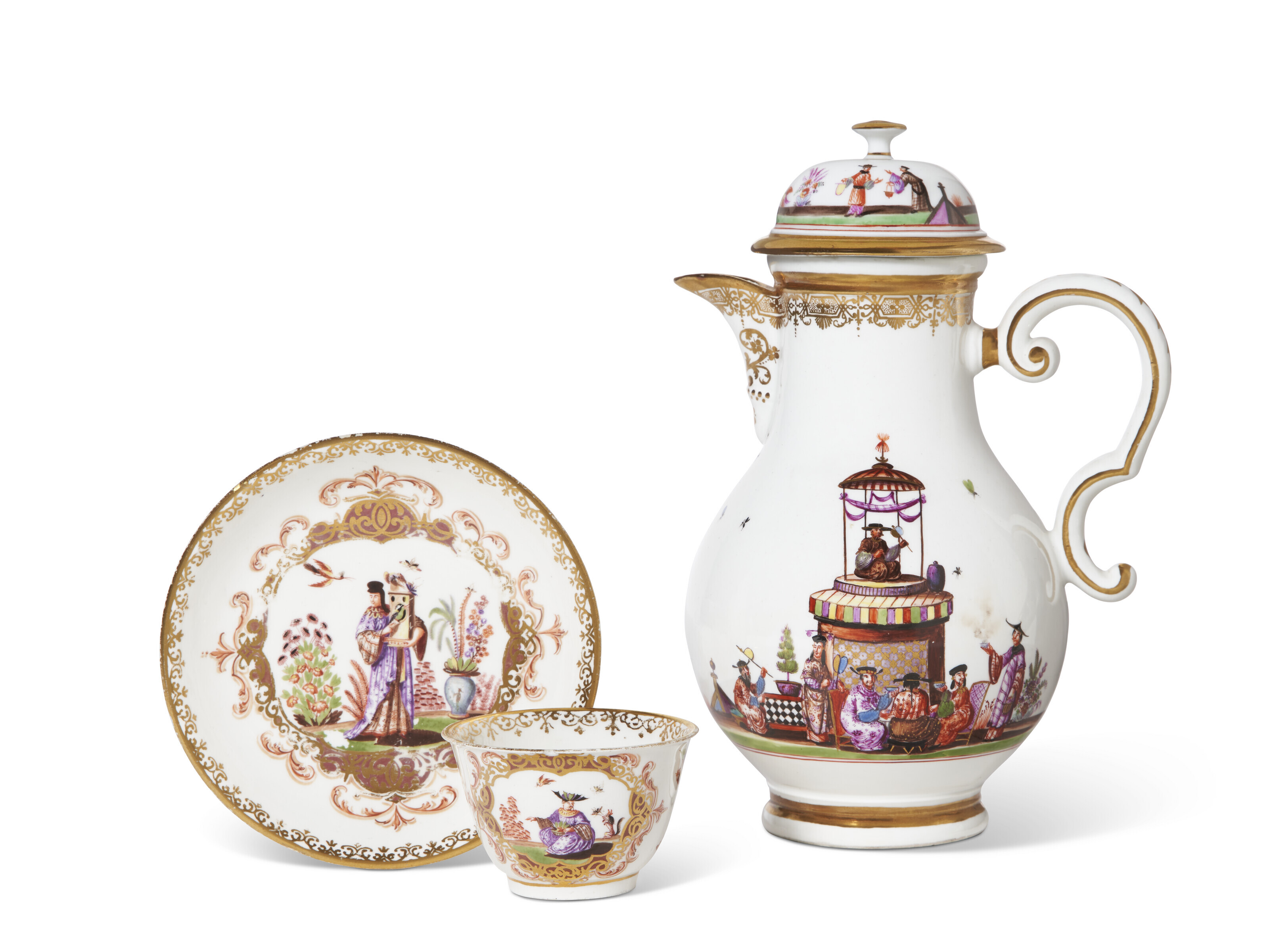 A MEISSEN PORCELAIN CHINOISERIE COFFEE-POT, A COVER AND A TEABOWL AND SAUCER, THE COFFEE-POT ...
