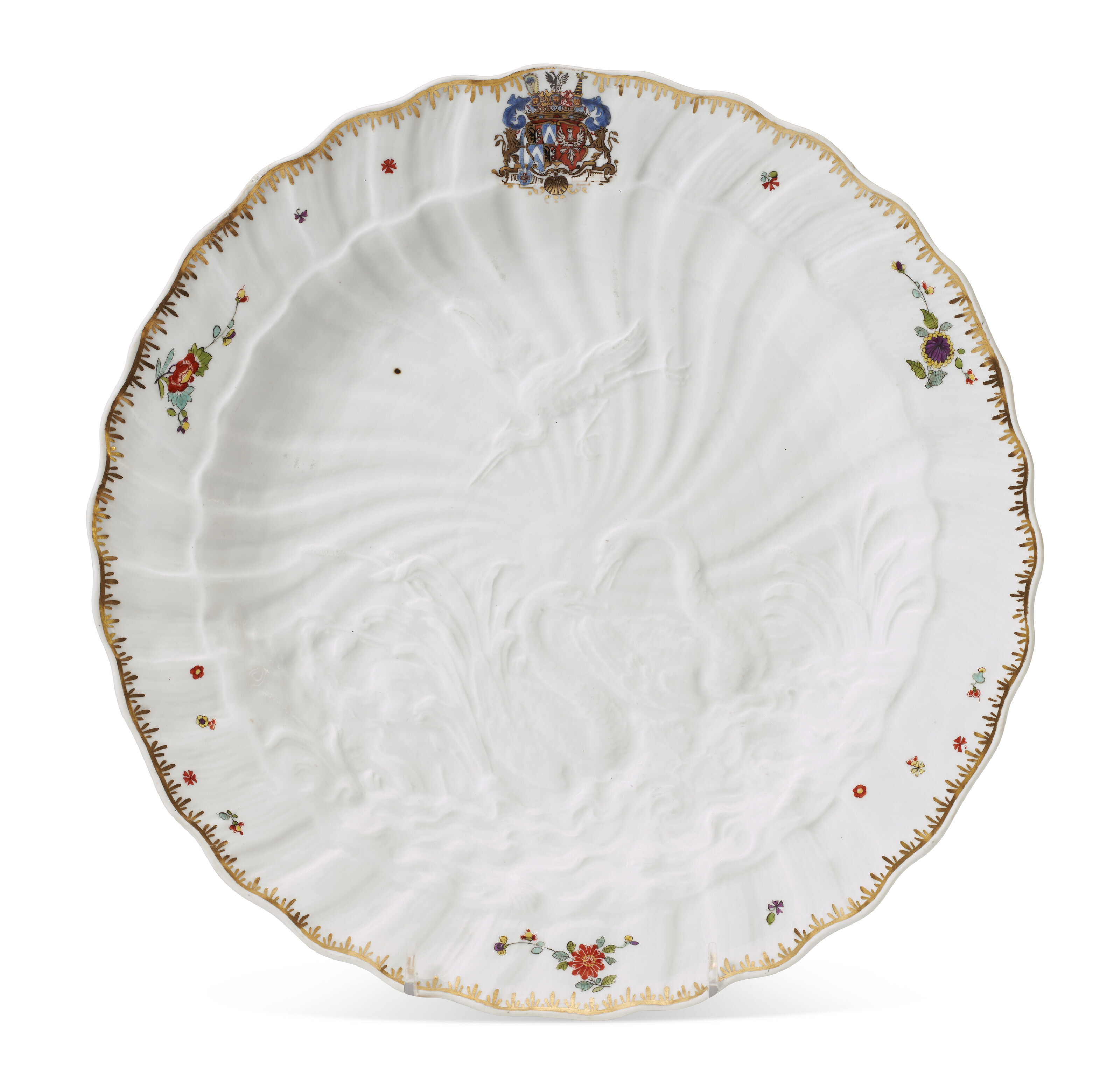 A MEISSEN PORCELAIN ARMORIAL DISH FROM THE 'SWAN SERVICE', CIRCA 1738 ...