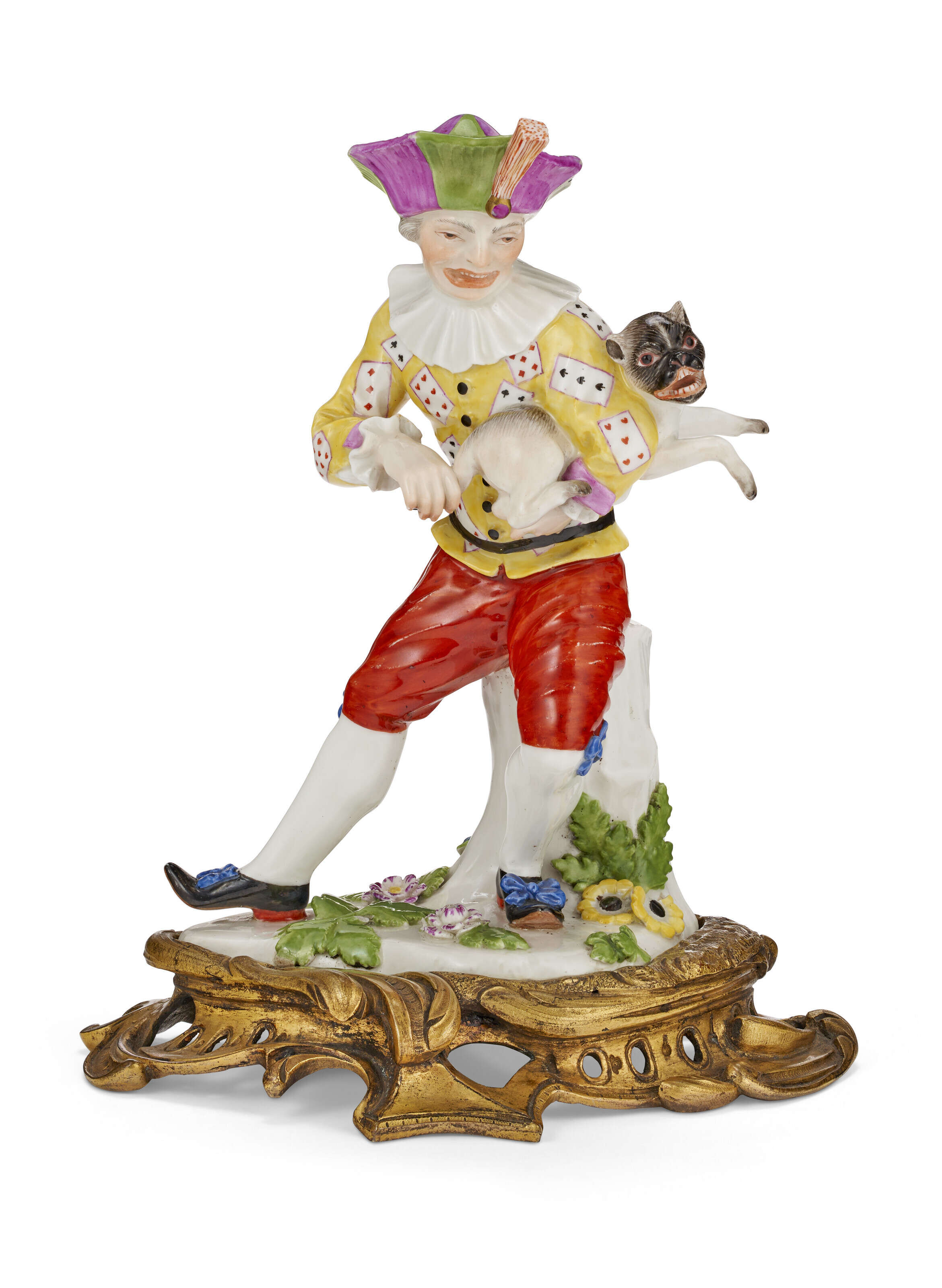 AN ORMOLU-MOUNTED MEISSEN PORCELAIN COMMEDIA DELL'ARTE FIGURE OF ...
