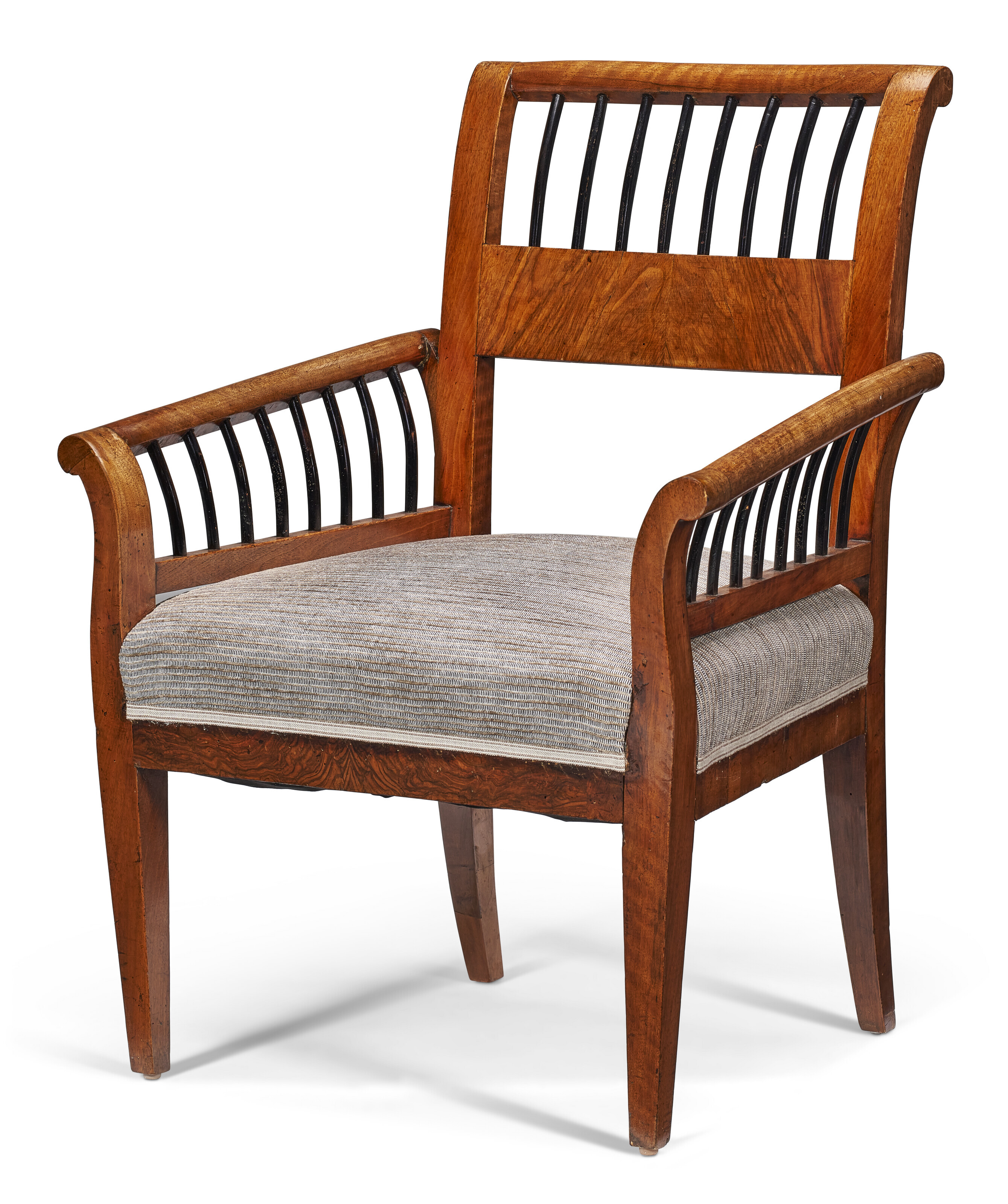 A BIEDERMEIER WALNUT AND EBONIZED ARMCHAIR, POSSIBLY BY JOSEF DANHAUSER ...