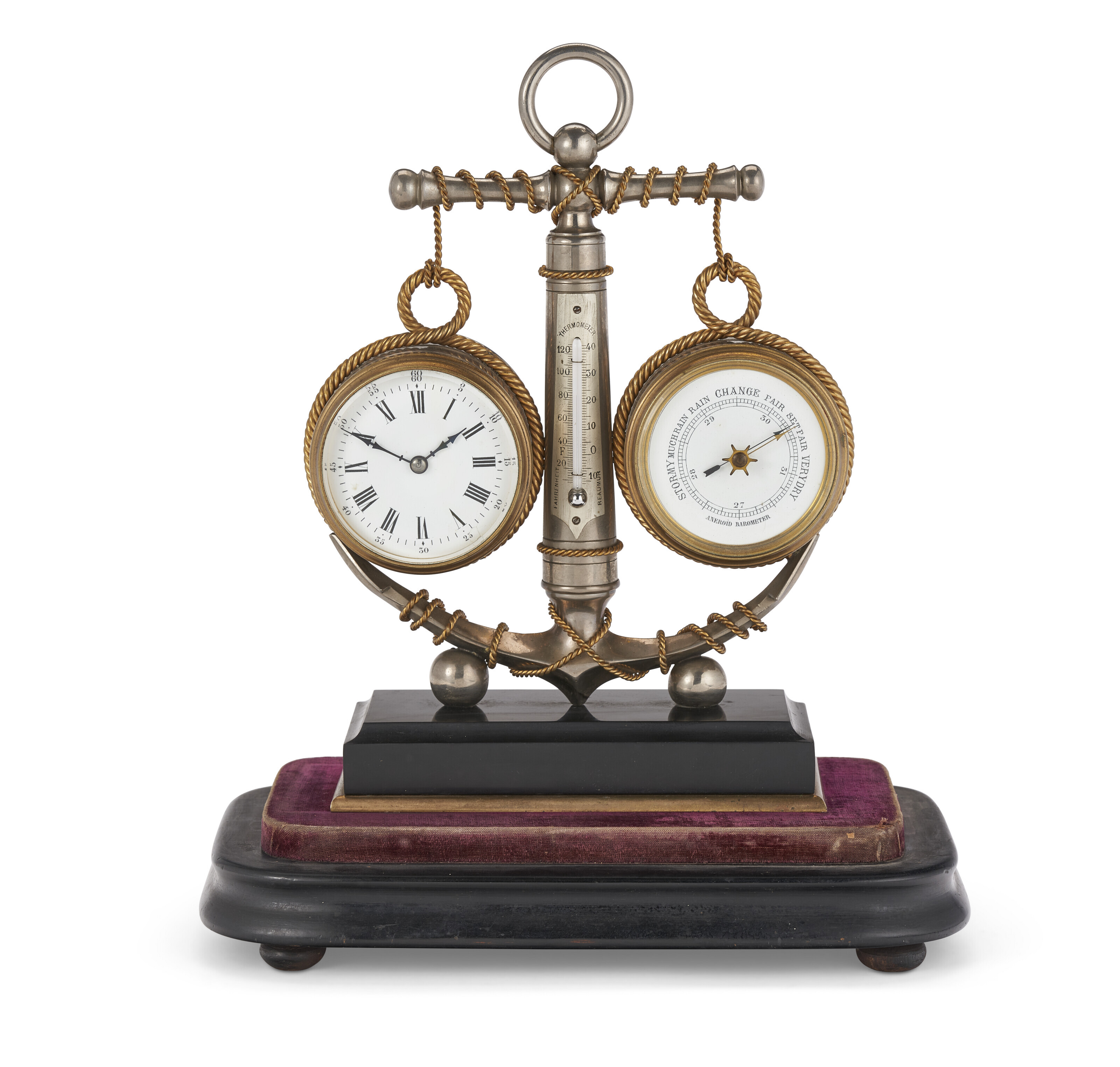 A GILT AND SILVERED-BRONZE ANCHOR-FORM CLOCK, BAROMETER AND THERMOMETER ...