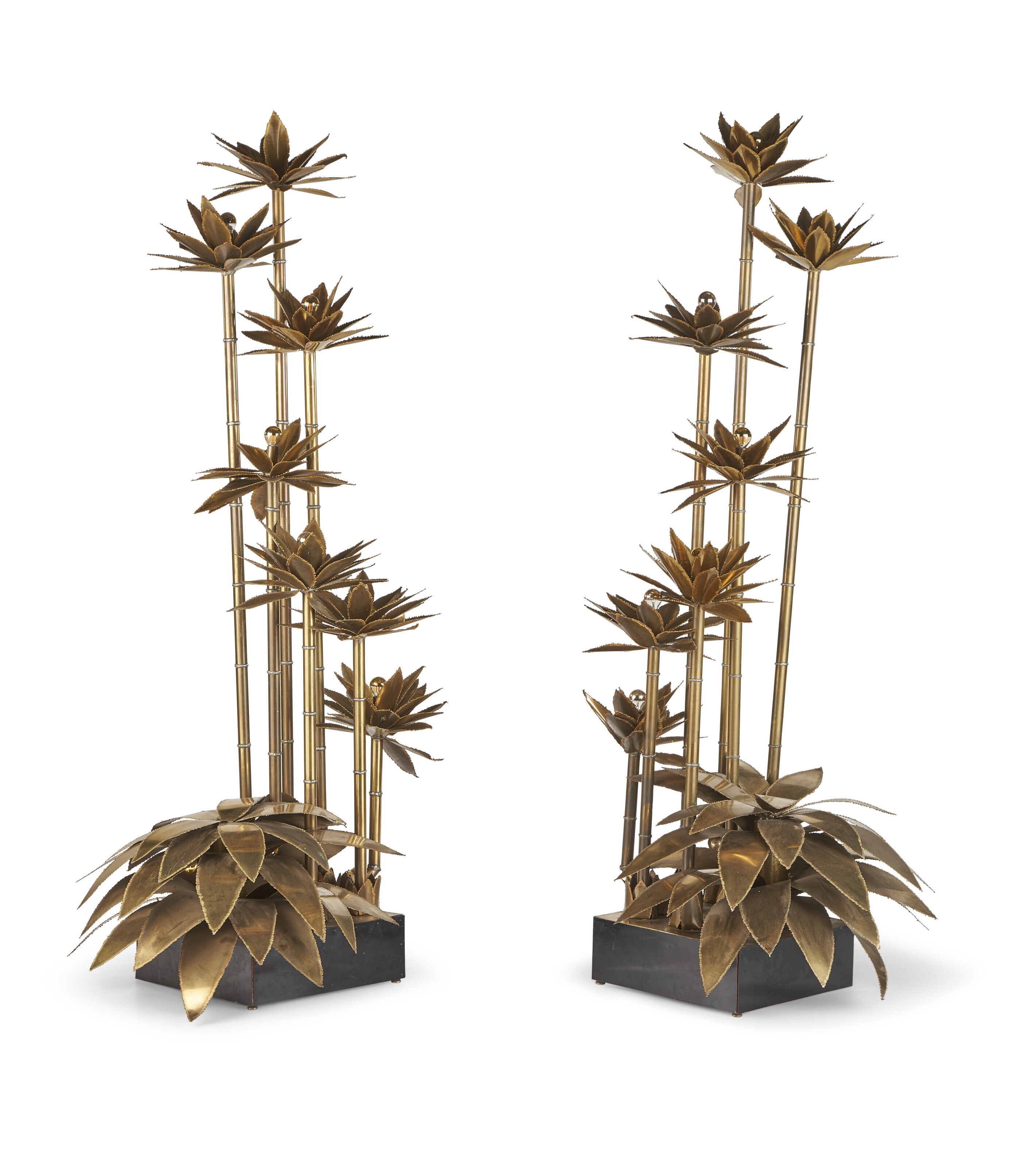 A PAIR OF FRENCH BRASS PALM TREE TORCHERES, IN THE MANNER OF MAISON ...