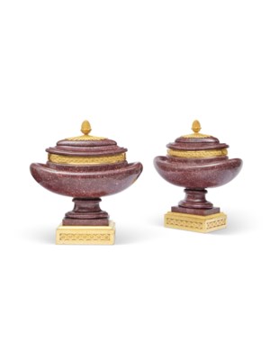 A PAIR OF LOUIS XVI ORMOLU-MOUNTED PORPHYRY 'VASES NAVETTE', THE ...