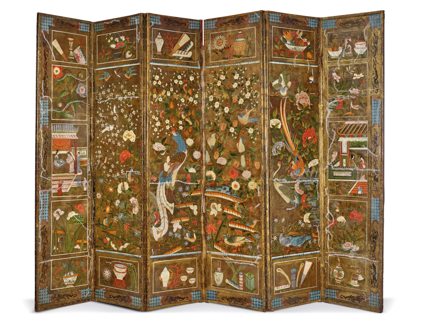 A DUTCH POLYCHROME-PAINTED AND GILT-GROUND EMBOSSED LEATHER SIX-PANEL ...