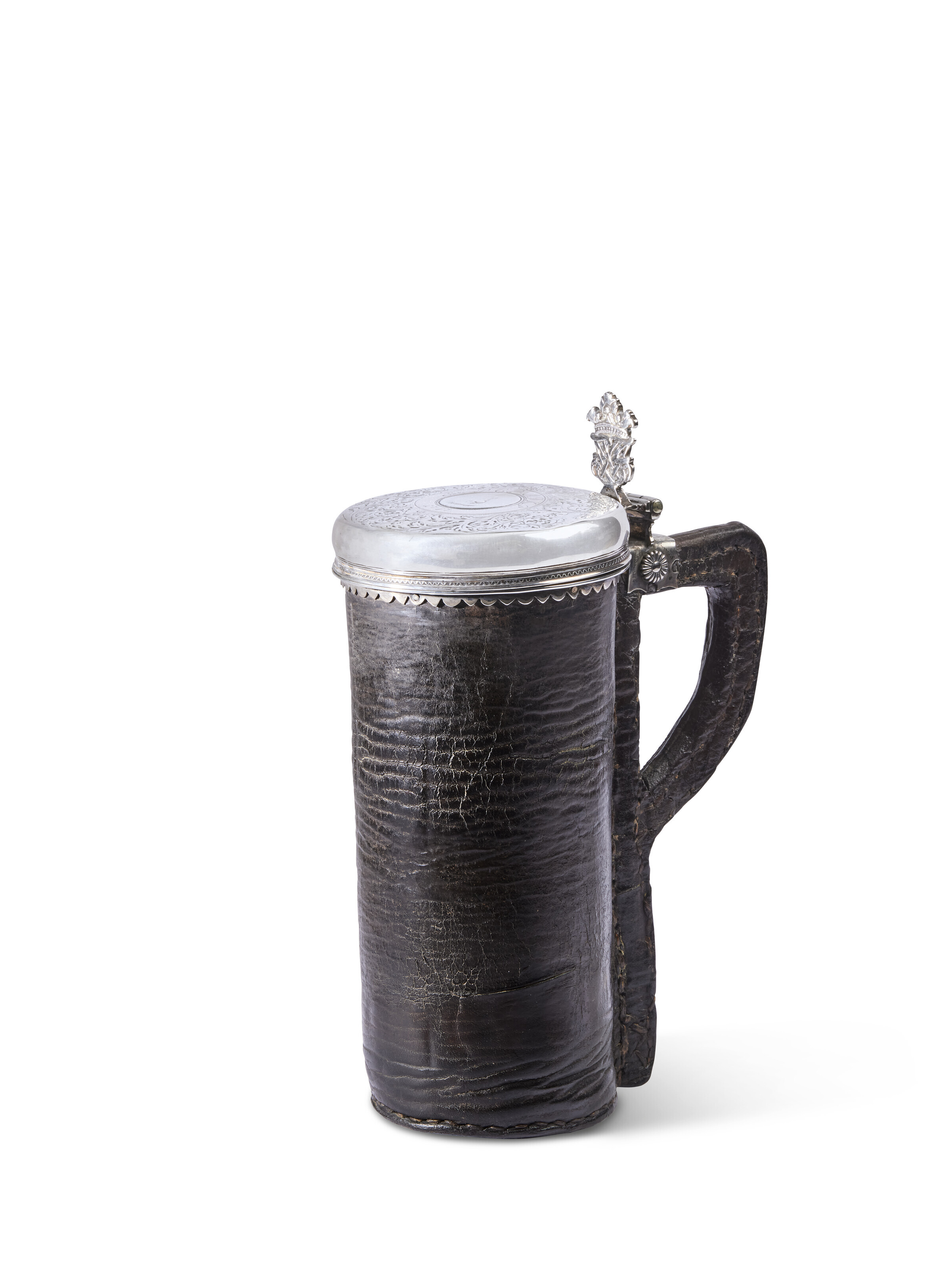 A DANISH SILVER-MOUNTED LEATHER TANKARD, APPARENTLY UNMARKED, DATED ...