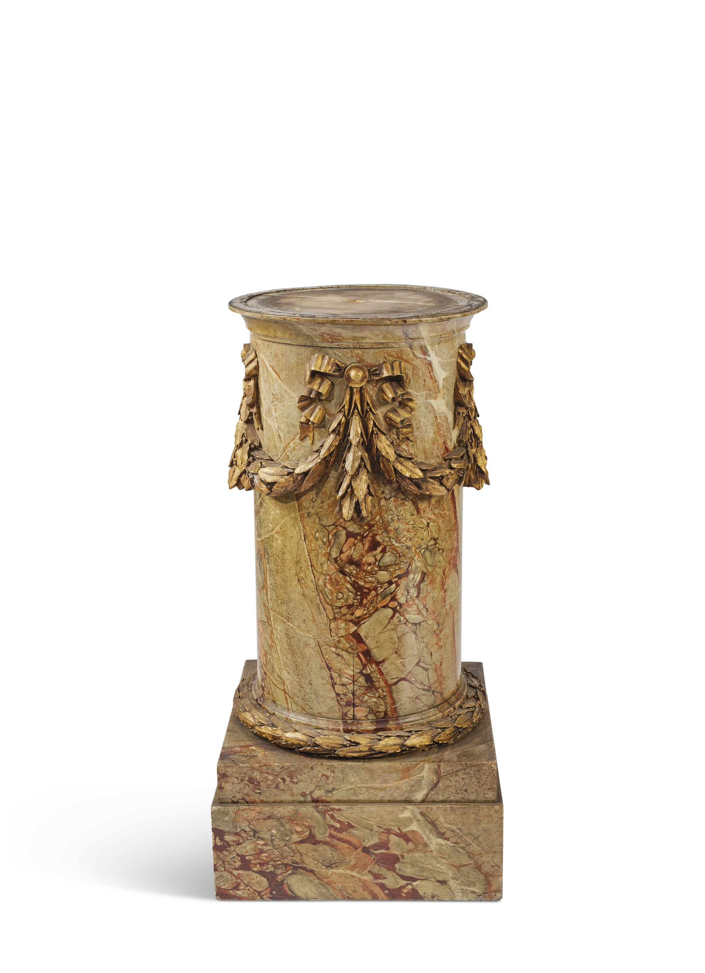 A POLYCHROME-PAINTED AND PARCEL-GILT FAUX MARBLE PEDESTAL COLUMN, FIRST ...