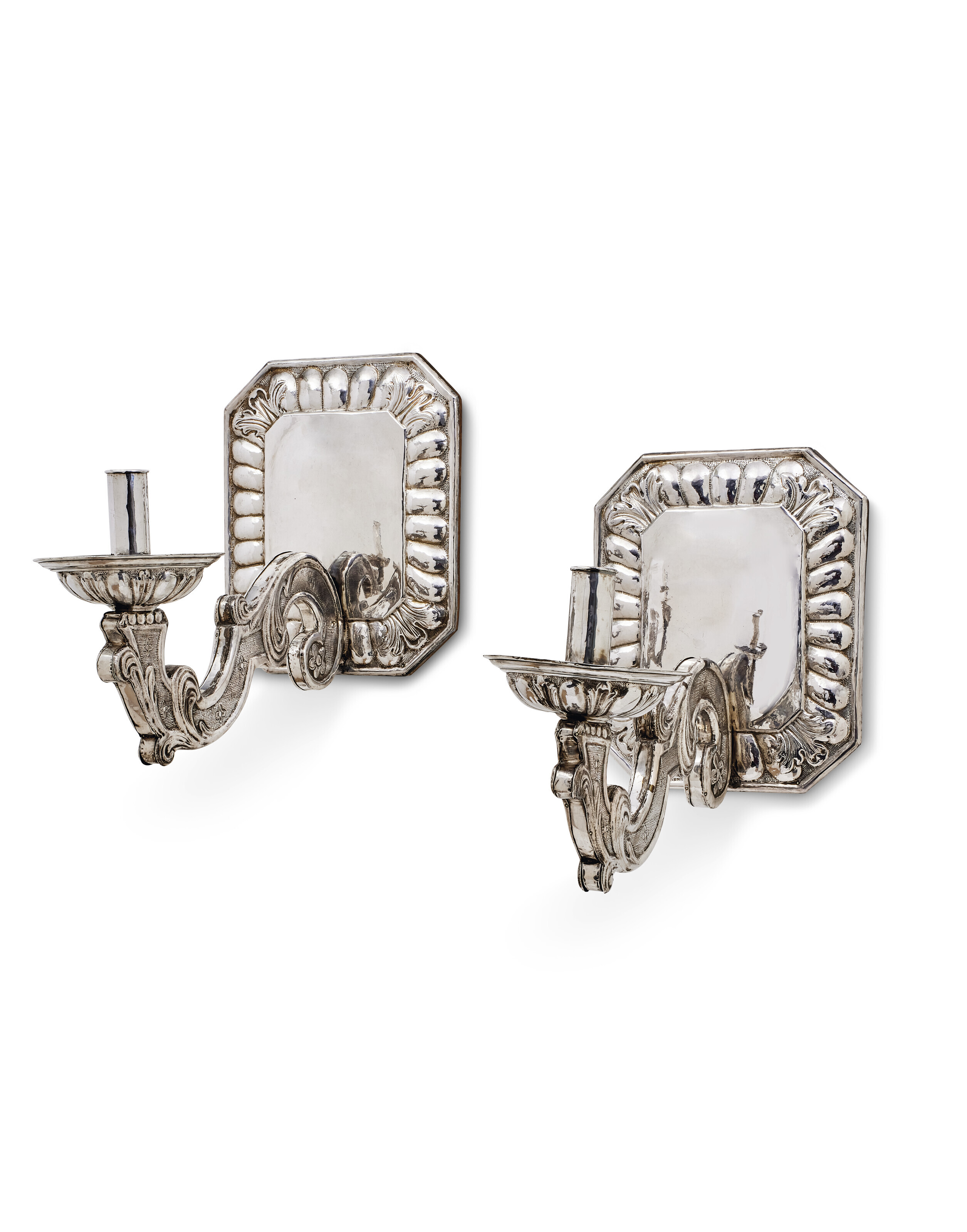 A PAIR OF FRENCH SILVER SINGLE-LIGHT WALL-LIGHTS, SECOND HALF 20TH ...