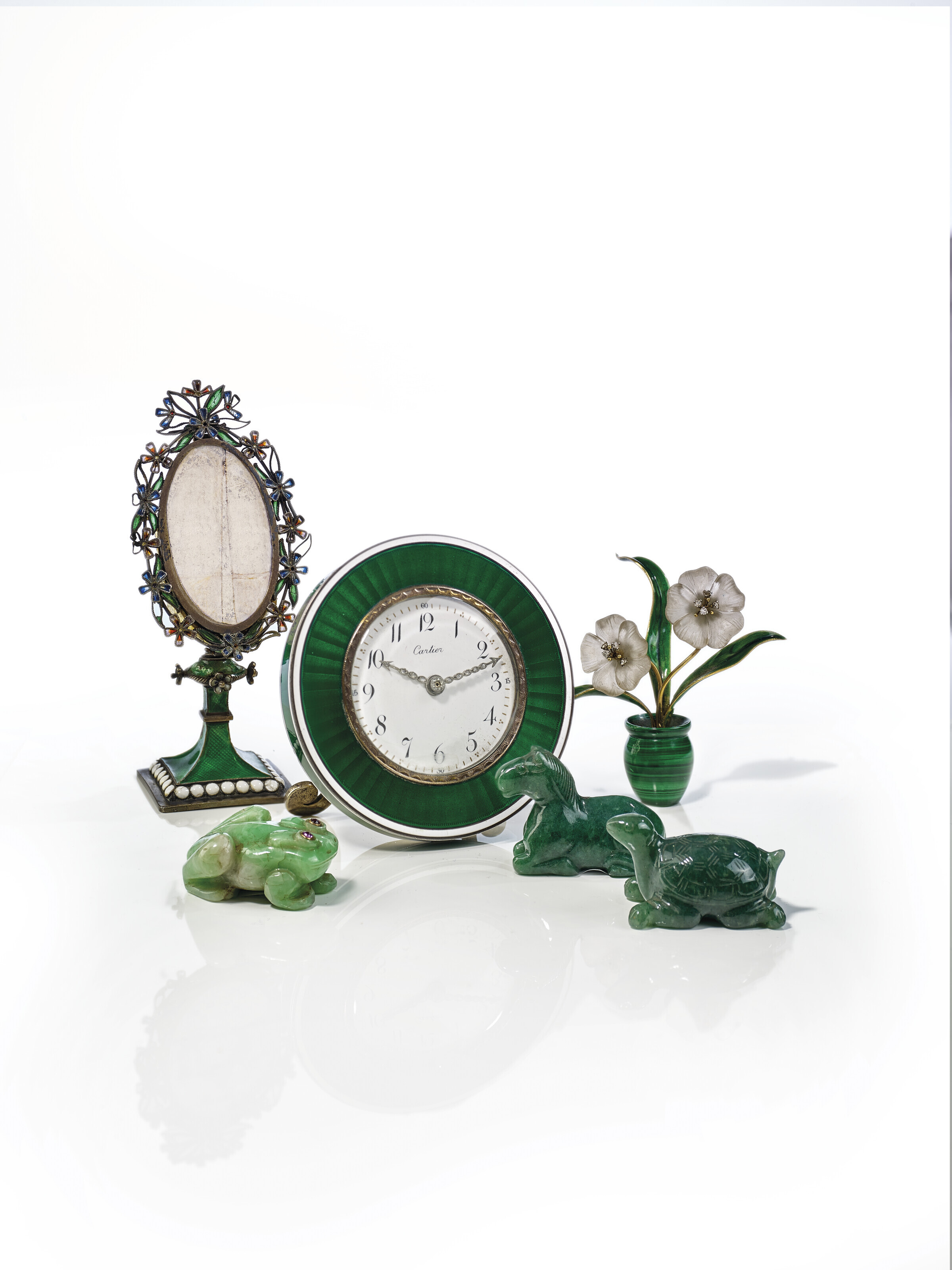 A GROUP OF FRENCH SILVER AND DIAMOND-MOUNTED ENAMEL AND JADE DESK ...