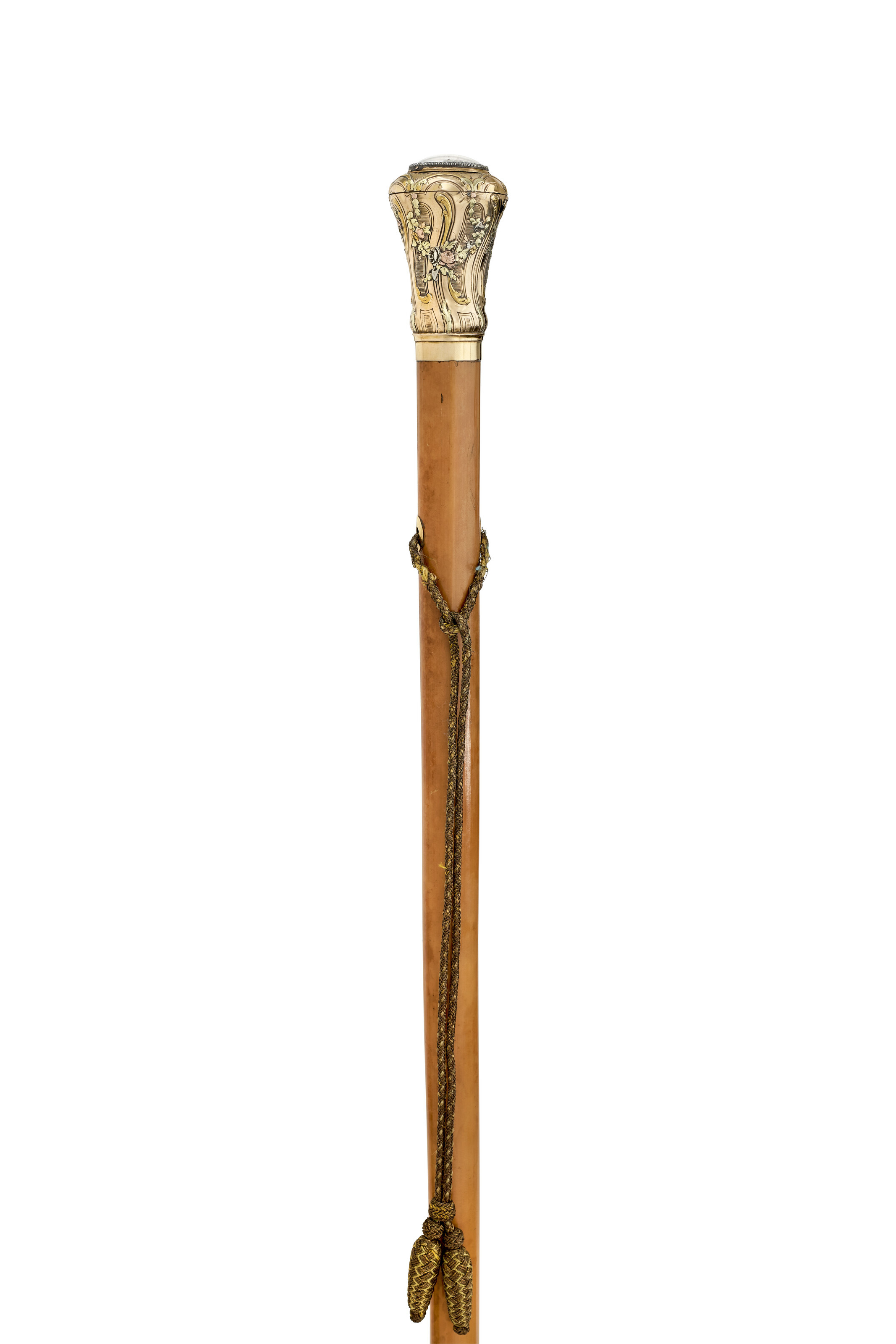 A SWISS VARI-COLOR GOLD-MOUNTED WALKING STICK SET WITH A WATCH, MAKER'S ...