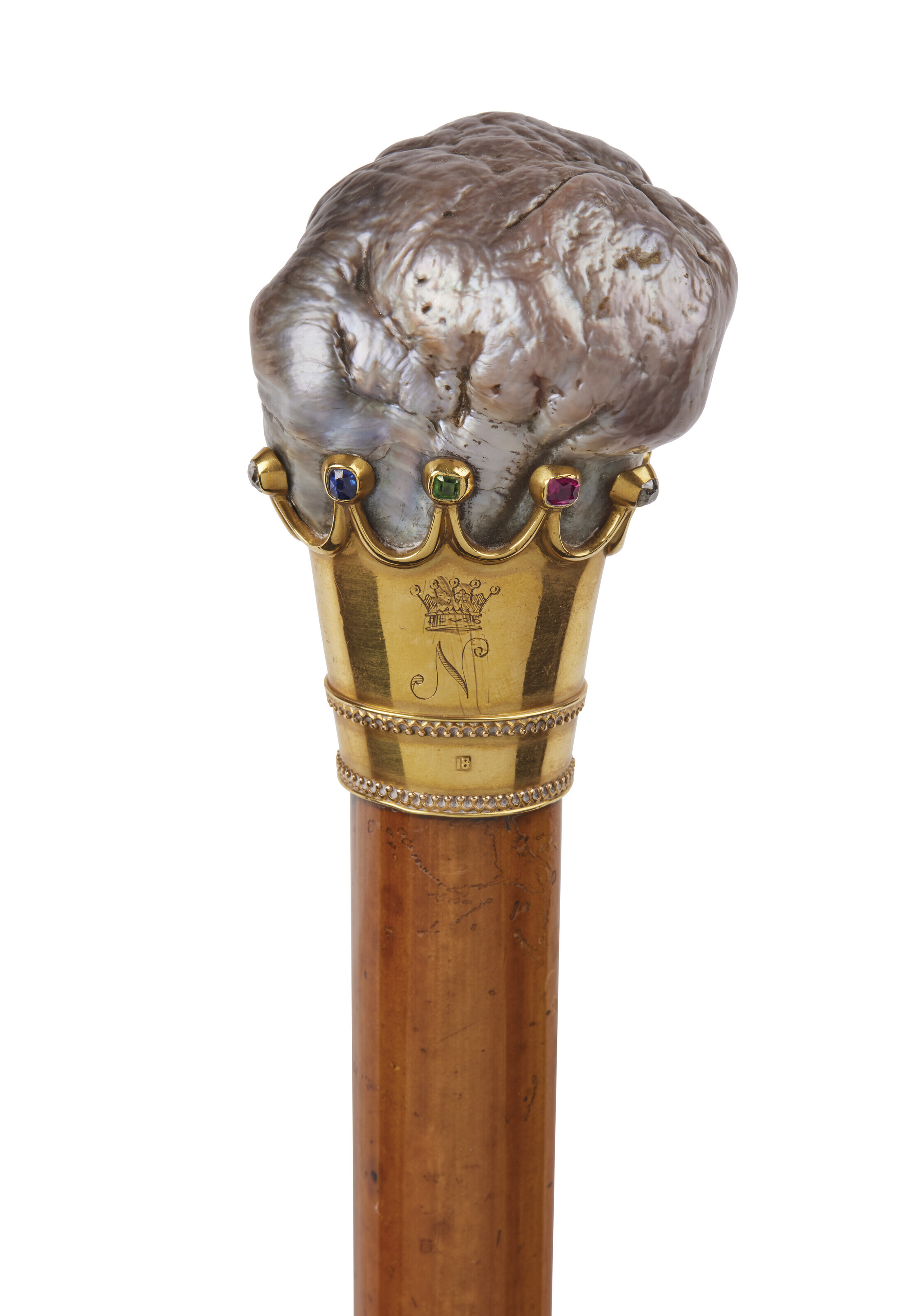 A JEWELED GOLD-MOUNTED WALKING STICK SET WITH A LARGE BAROQUE PEARL ...