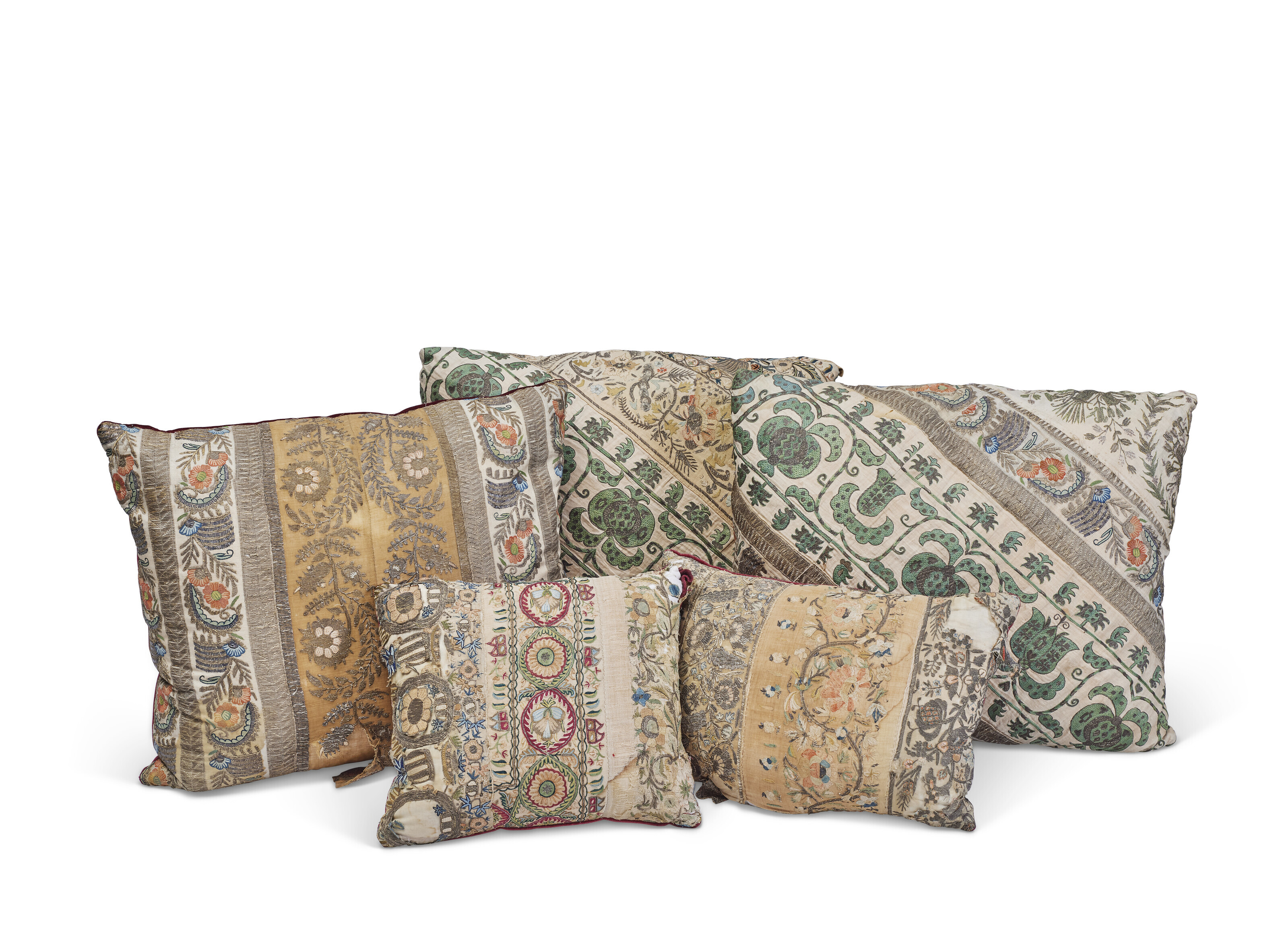 A SET OF FIVE FRENCH SILK, POLYCHROME AND METALLIC EMBROIDERED CUSHIONS ...