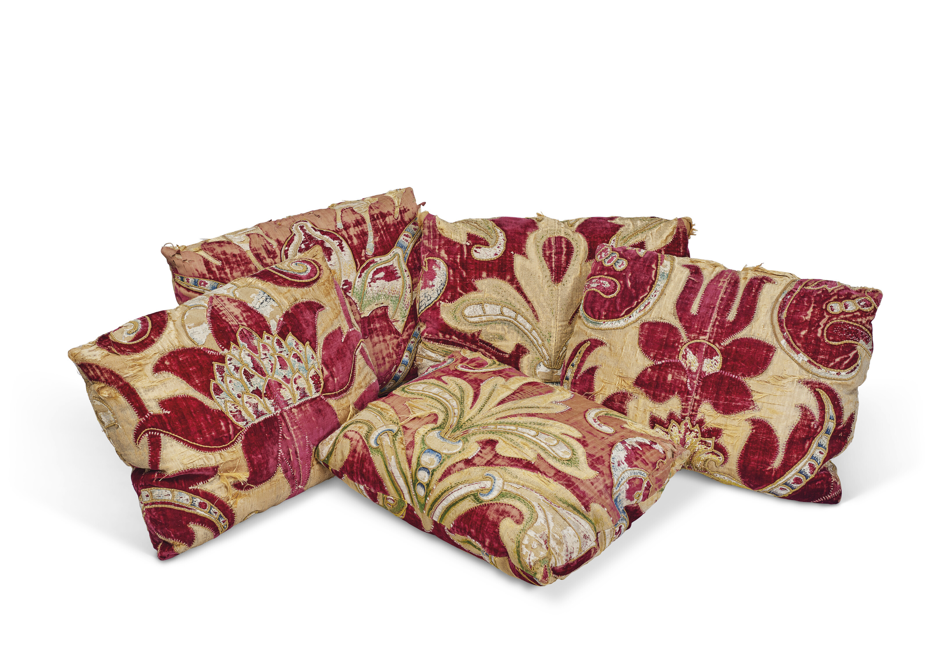 A SET OF FIVE PURPLE VELVET, POLYCHROME AND METALLIC EMBROIDERED ...