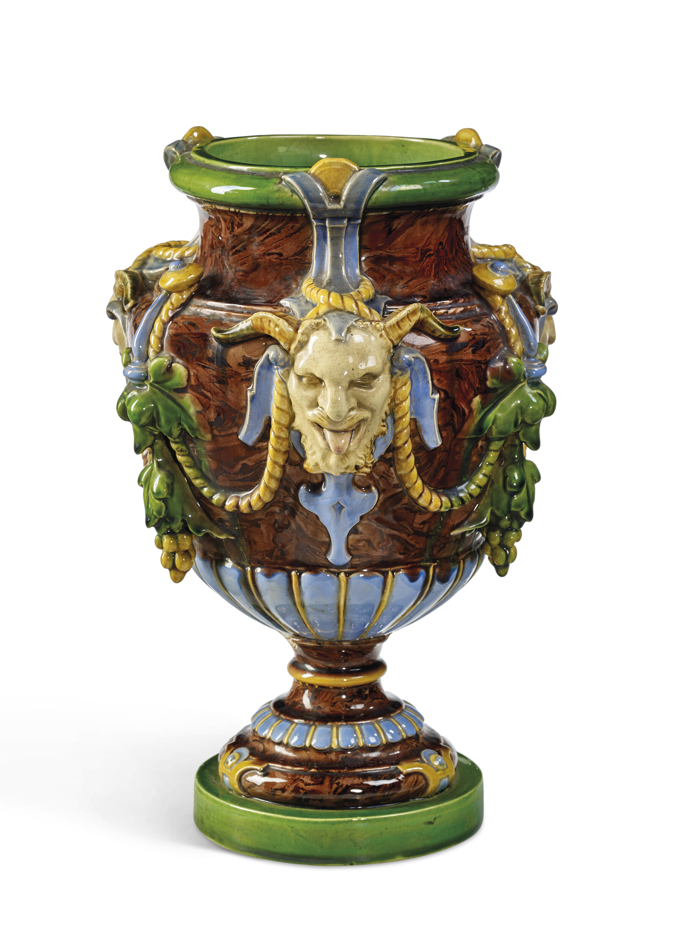 A MINTON MAJOLICA 'FAUX-BOIS'-GROUND 'BACCHUS' VASE, DATE CYPHER FOR ...