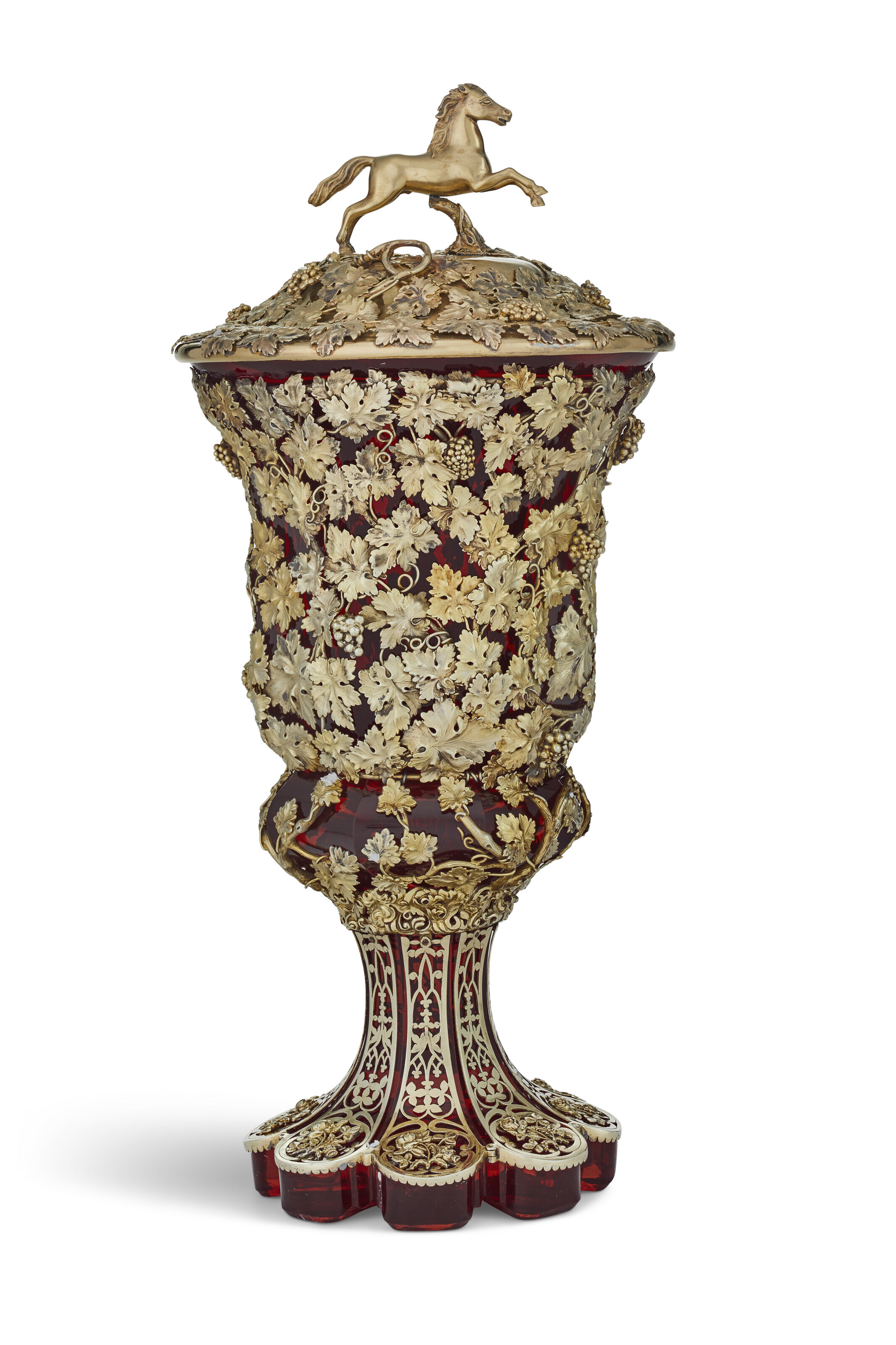 A ROYAL SILVER-GILT-MOUNTED RUBY GLASS CUP AND COVER, GERMAN OR ENGLISH ...