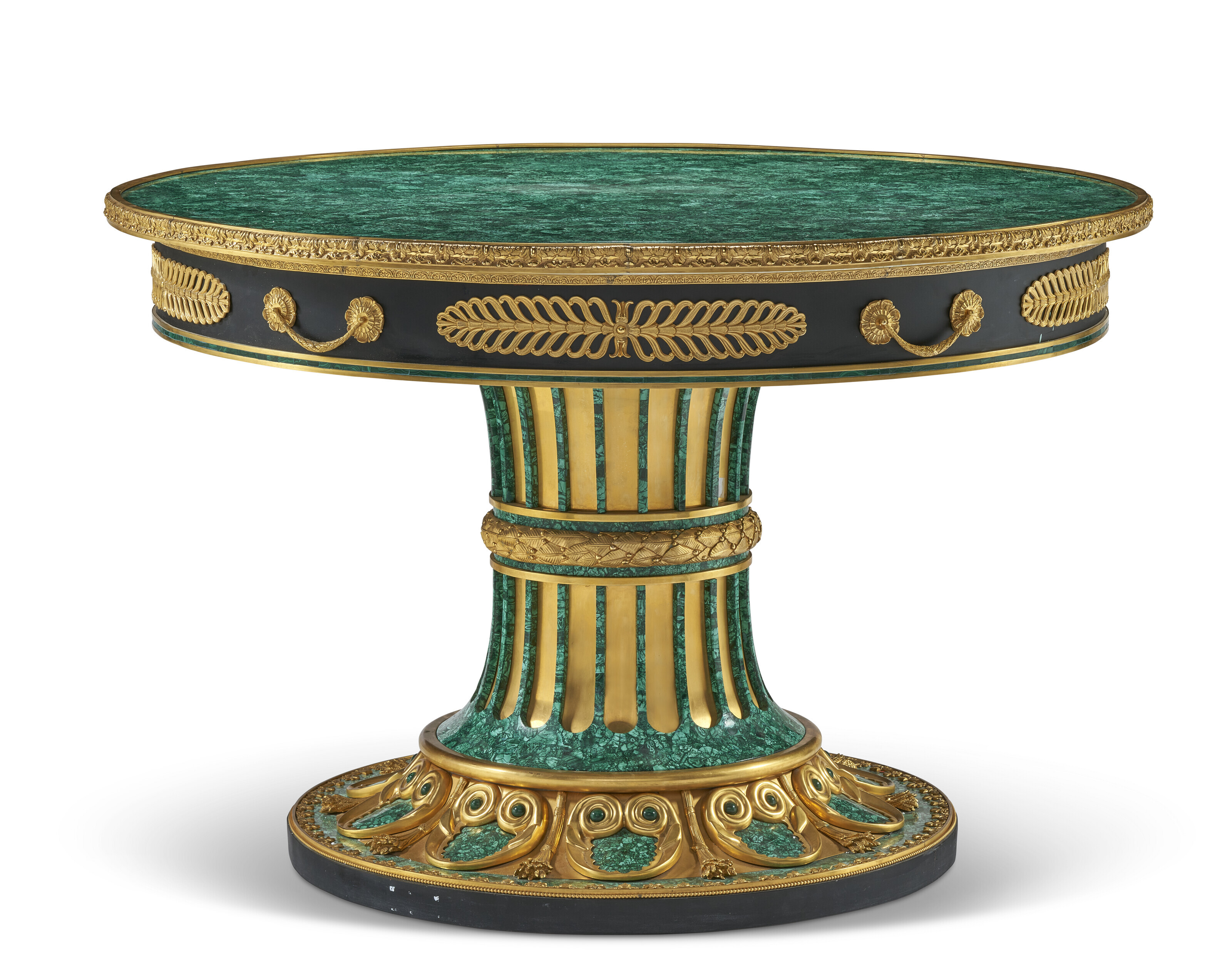 AN ITALIAN ORMOLU, PATINATED-BRONZE AND MALACHITE VENEERED CENTER TABLE ...