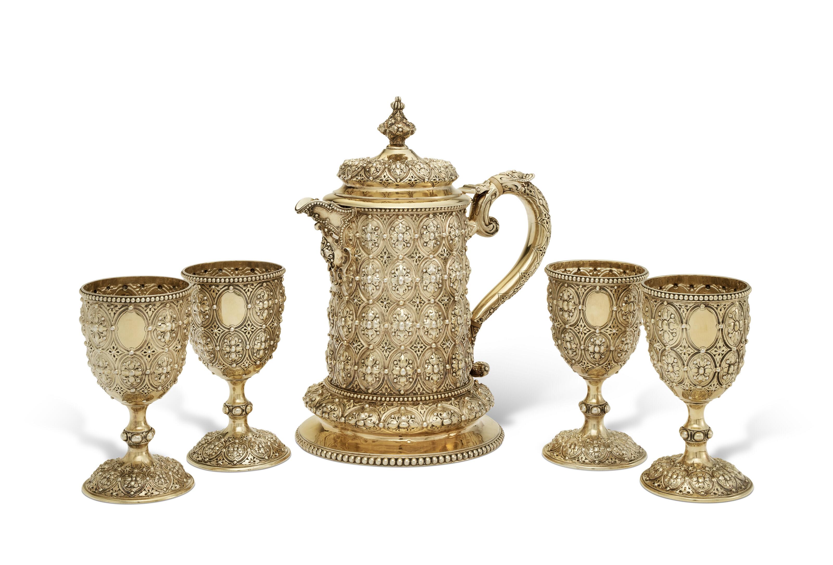 A LARGE VICTORIAN SILVER-GILT PITCHER AND FOUR MATCHING GOBLETS, MARK ...