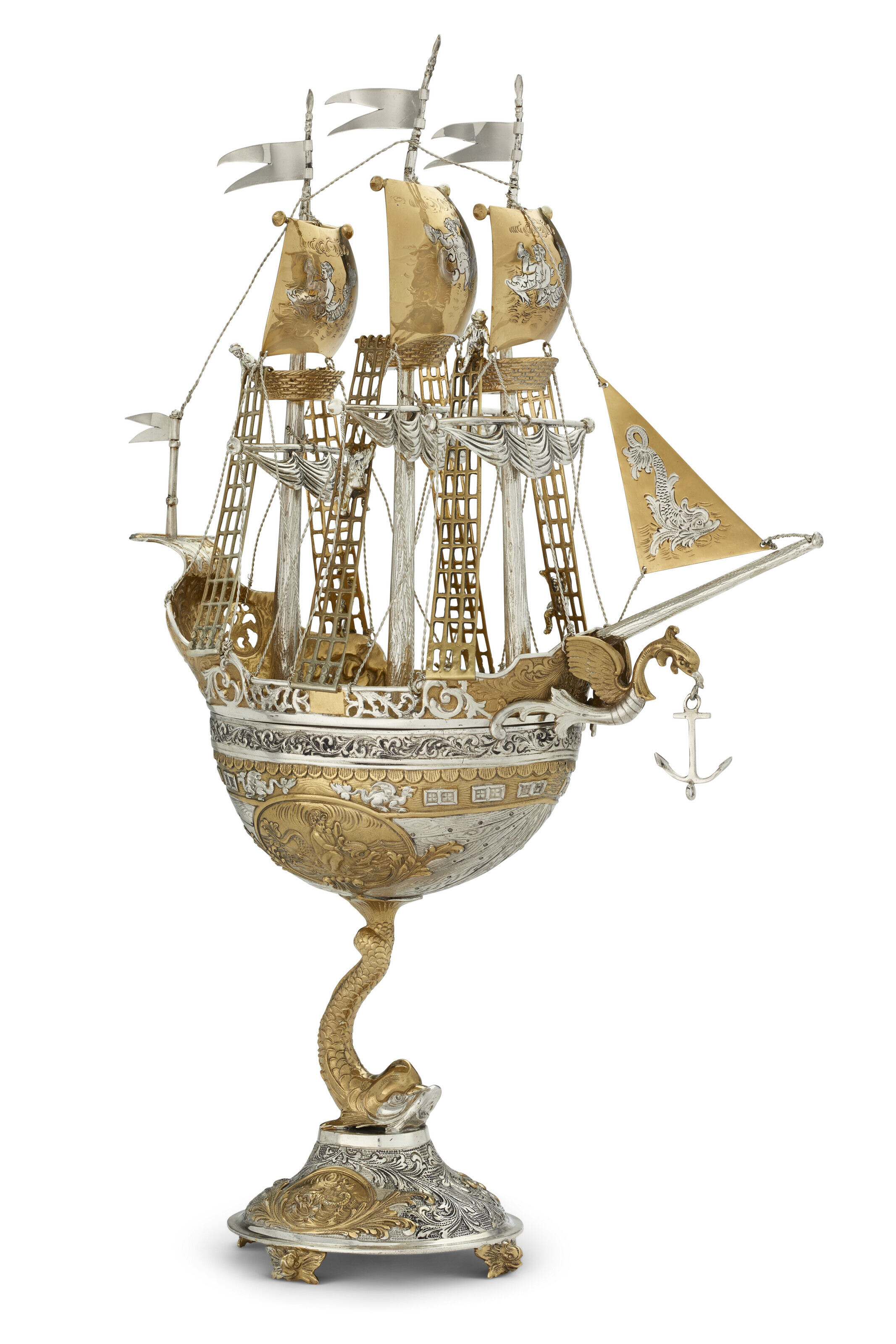 A GERMAN PARCEL-GILT SILVER NEF, MAKER'S MARK OS, FIRST QUARTER 20TH ...