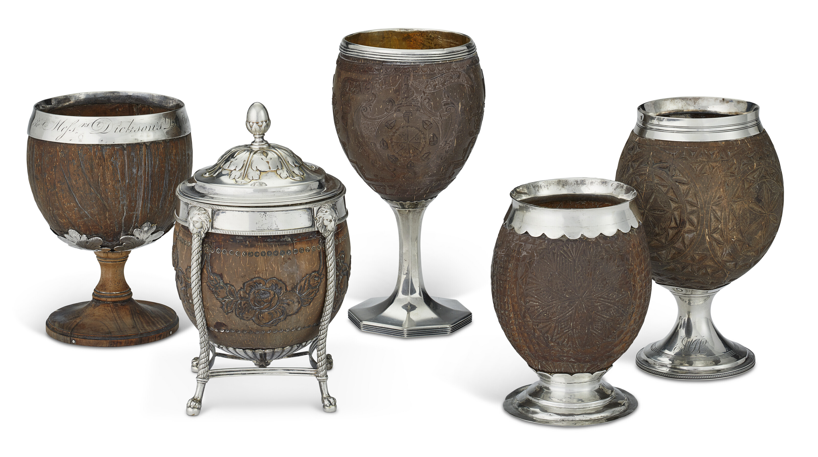 A GROUP OF FIVE BRITISH SILVER-MOUNTED COCONUT CUPS, VARIOUS MAKERS ...