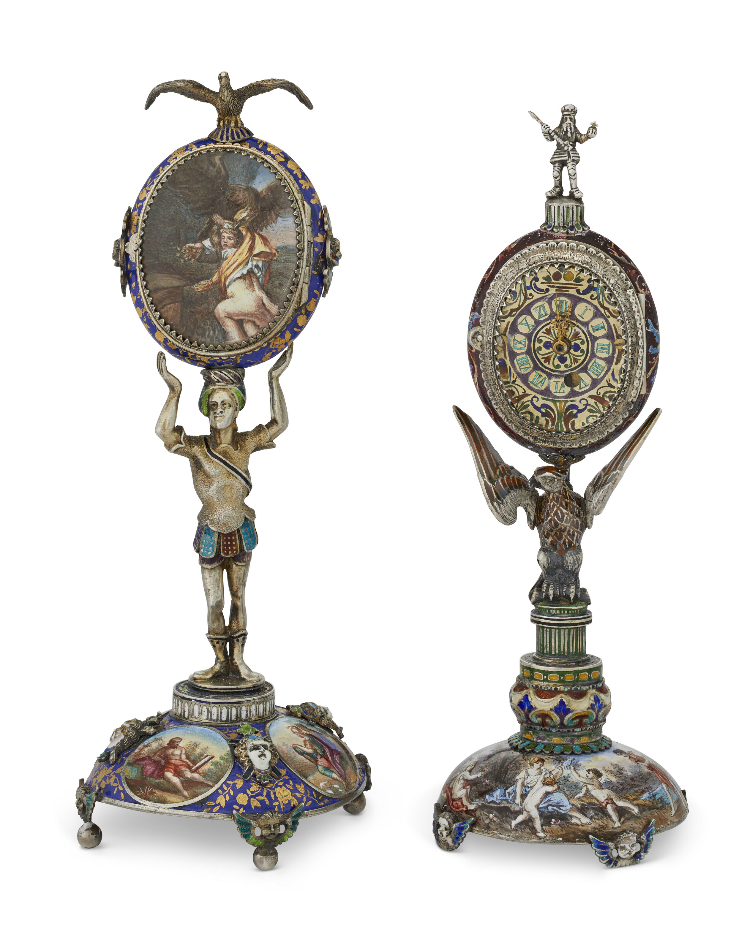 AN AUSTRIAN SILVER-GILT, ENAMEL AND ROCK CRYSTAL FIGURAL STANDING CLOCK ...