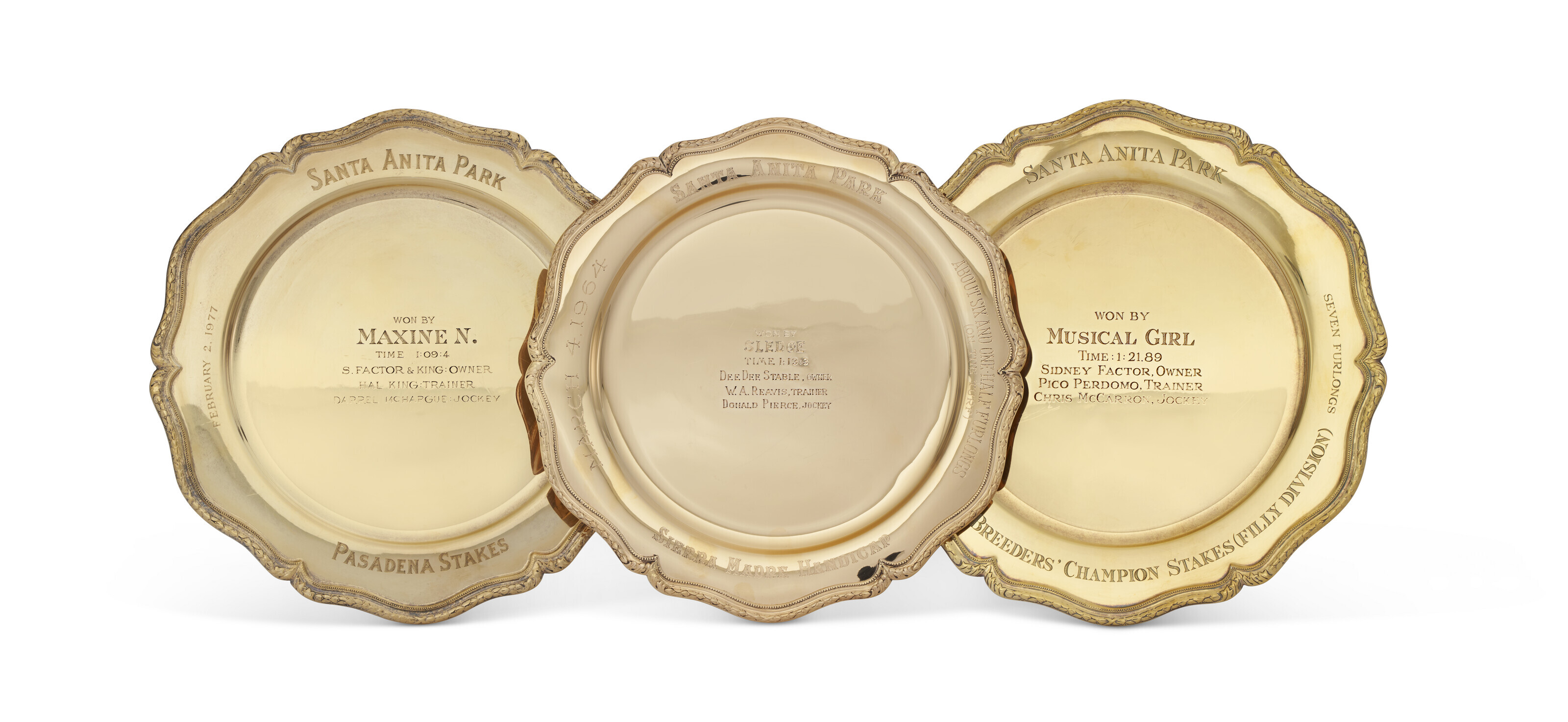 AN AMERICAN 14K GOLD AND TWO SILVER-GILT PRESENTATION PLATES OF HORSE ...