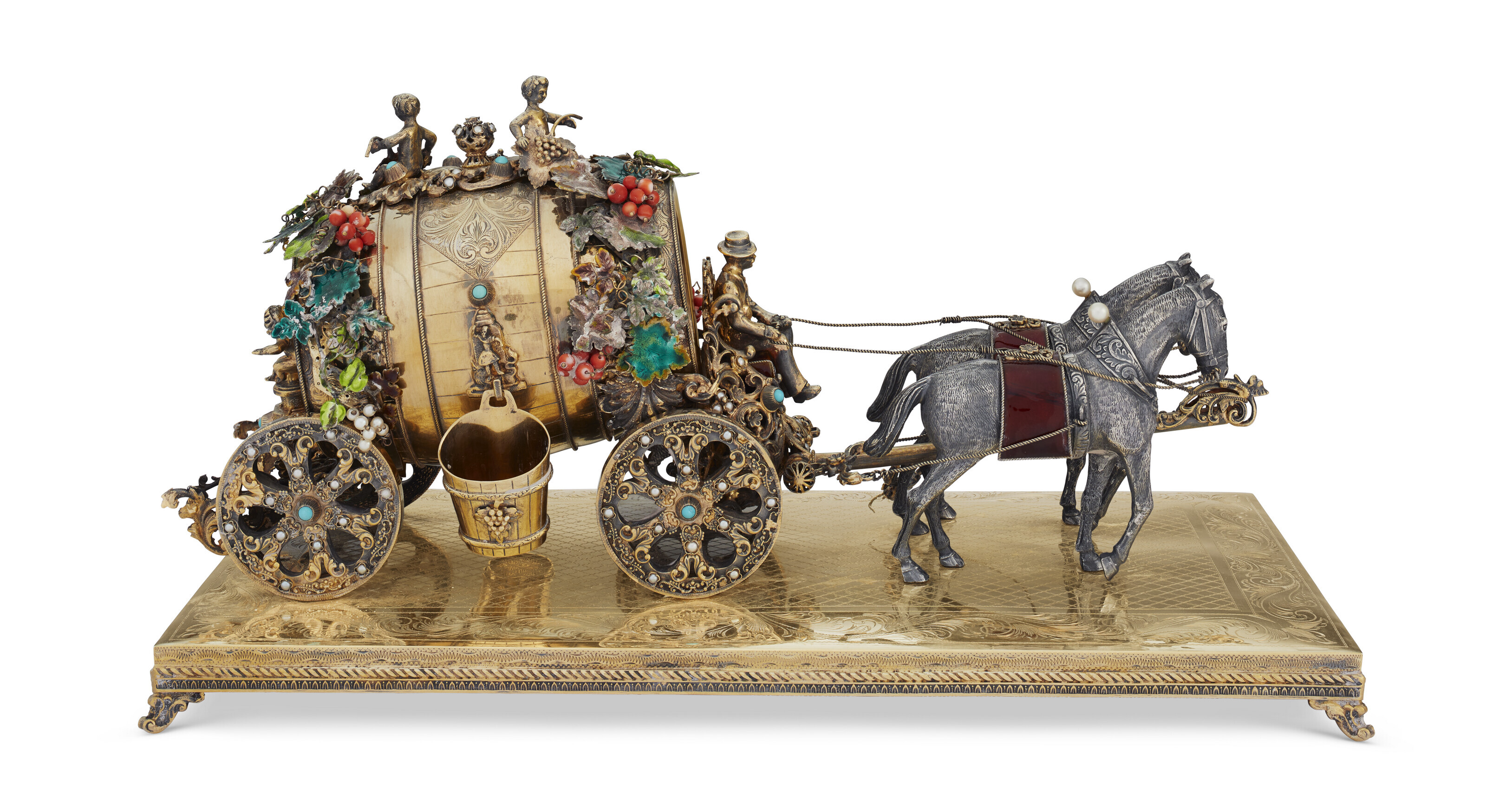 A CONTINENTAL ENAMEL AND PEARL-MOUNTED SILVER AND SILVER-GILT MODEL OF ...