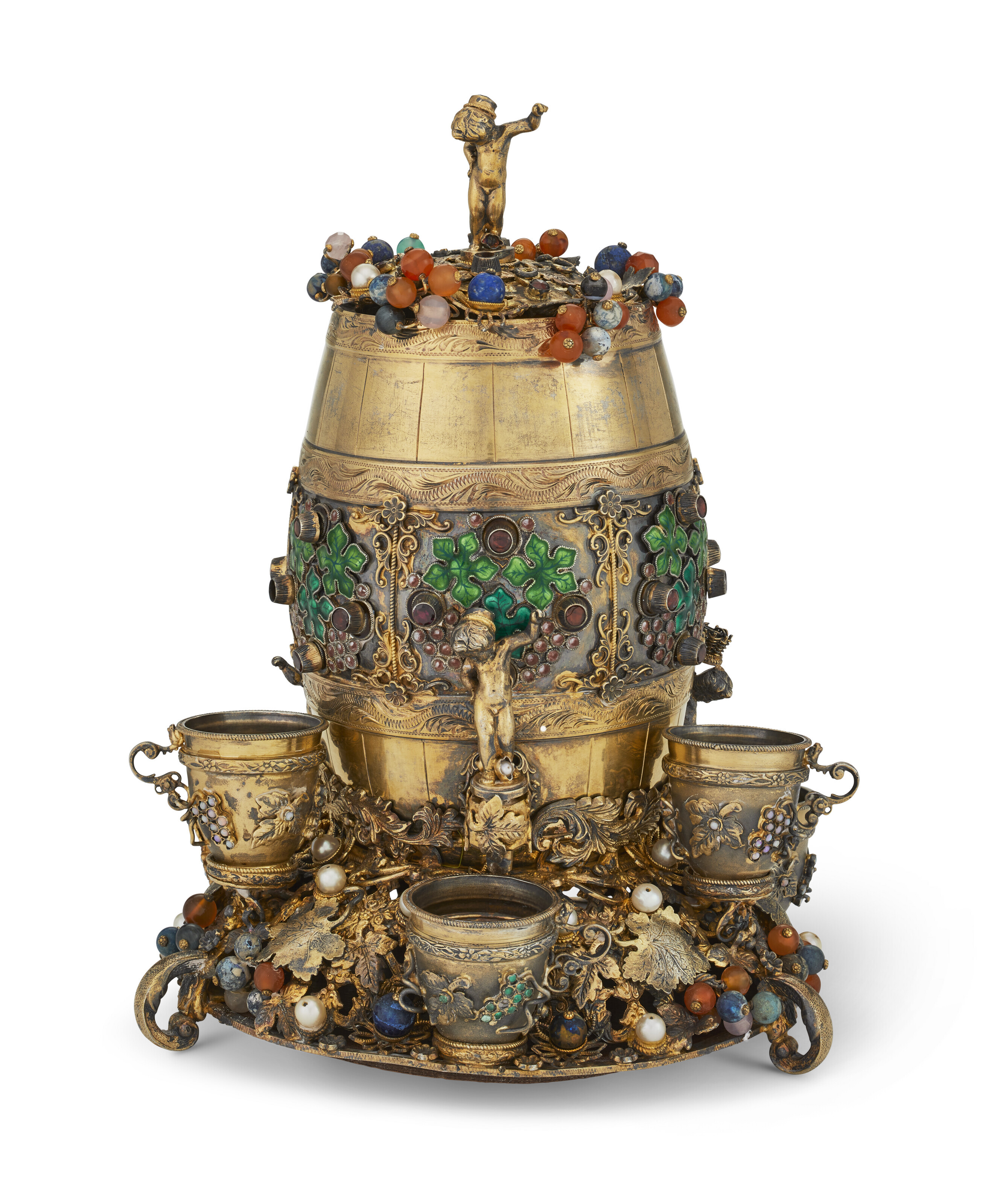 AN AUSTRIAN SILVER-GILT, ENAMEL, HARDSTONE AND PEARL SPIRIT BARREL AND ...