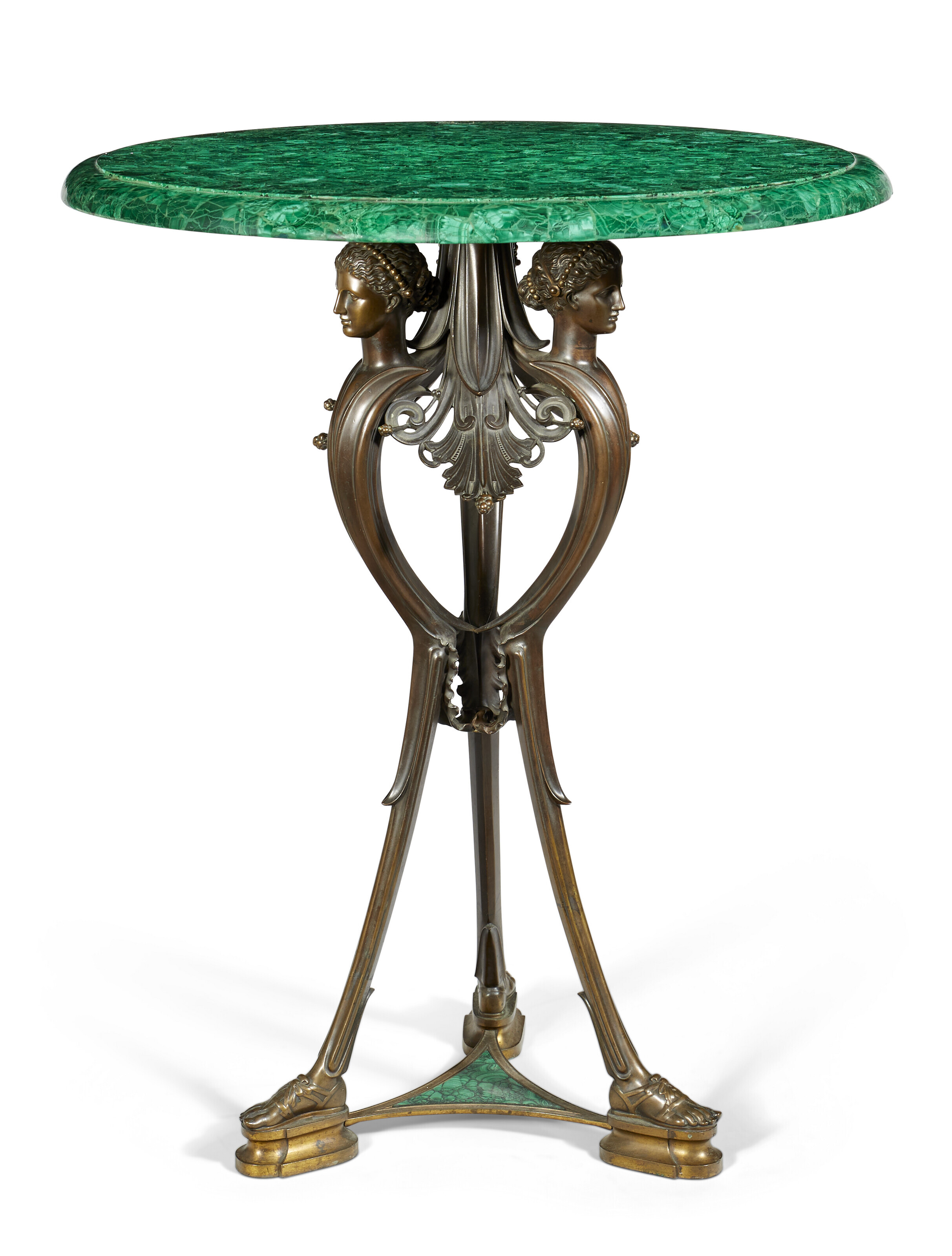 A FRENCH PARCEL-GILT PATINATED BRONZE AND MALACHITE GUERIDON, THE BASE ...