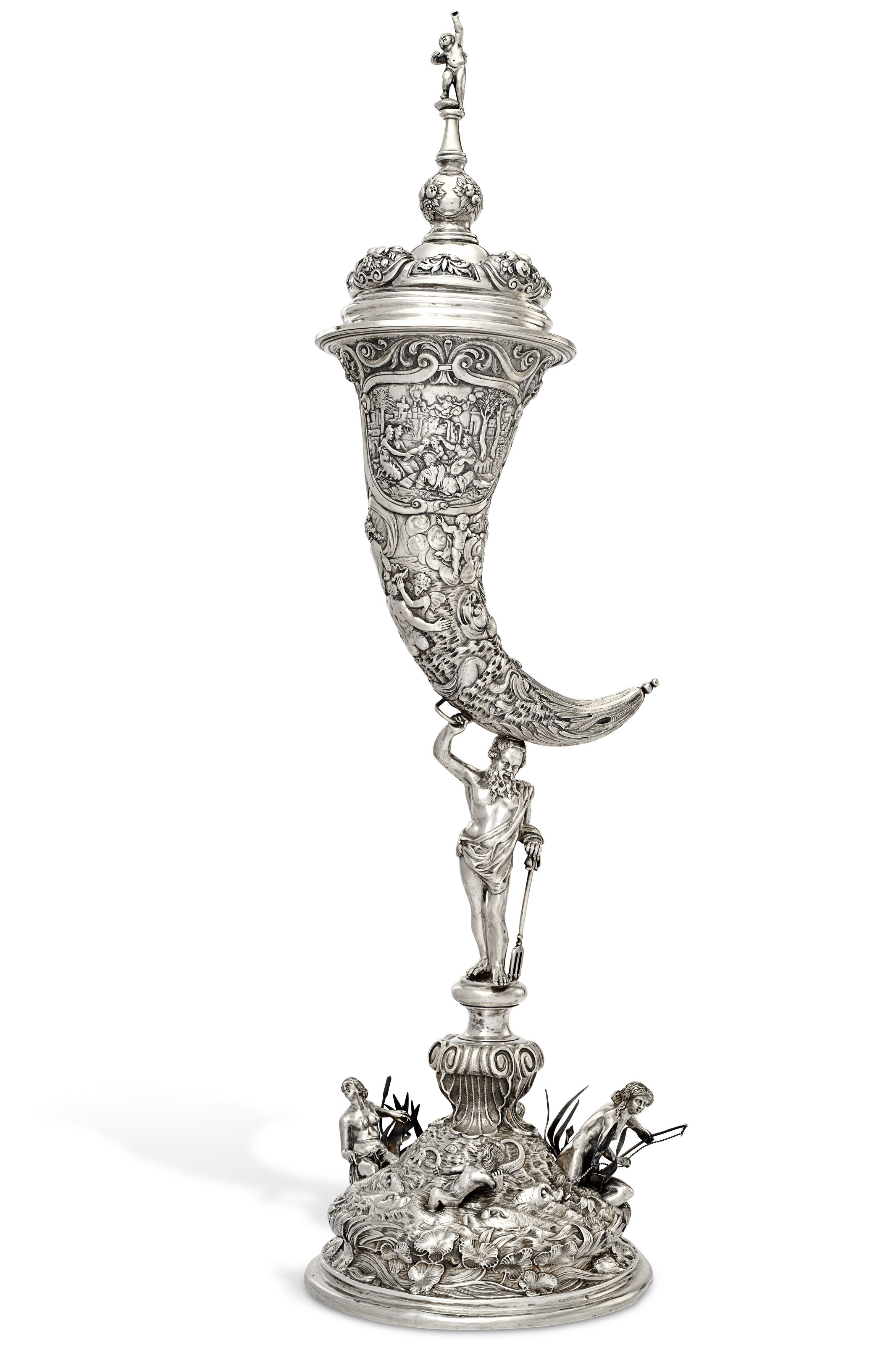 A CONTINENTAL SILVER CORNUCOPIA CUP AND COVER, PROBABLY GERMAN, CIRCA ...