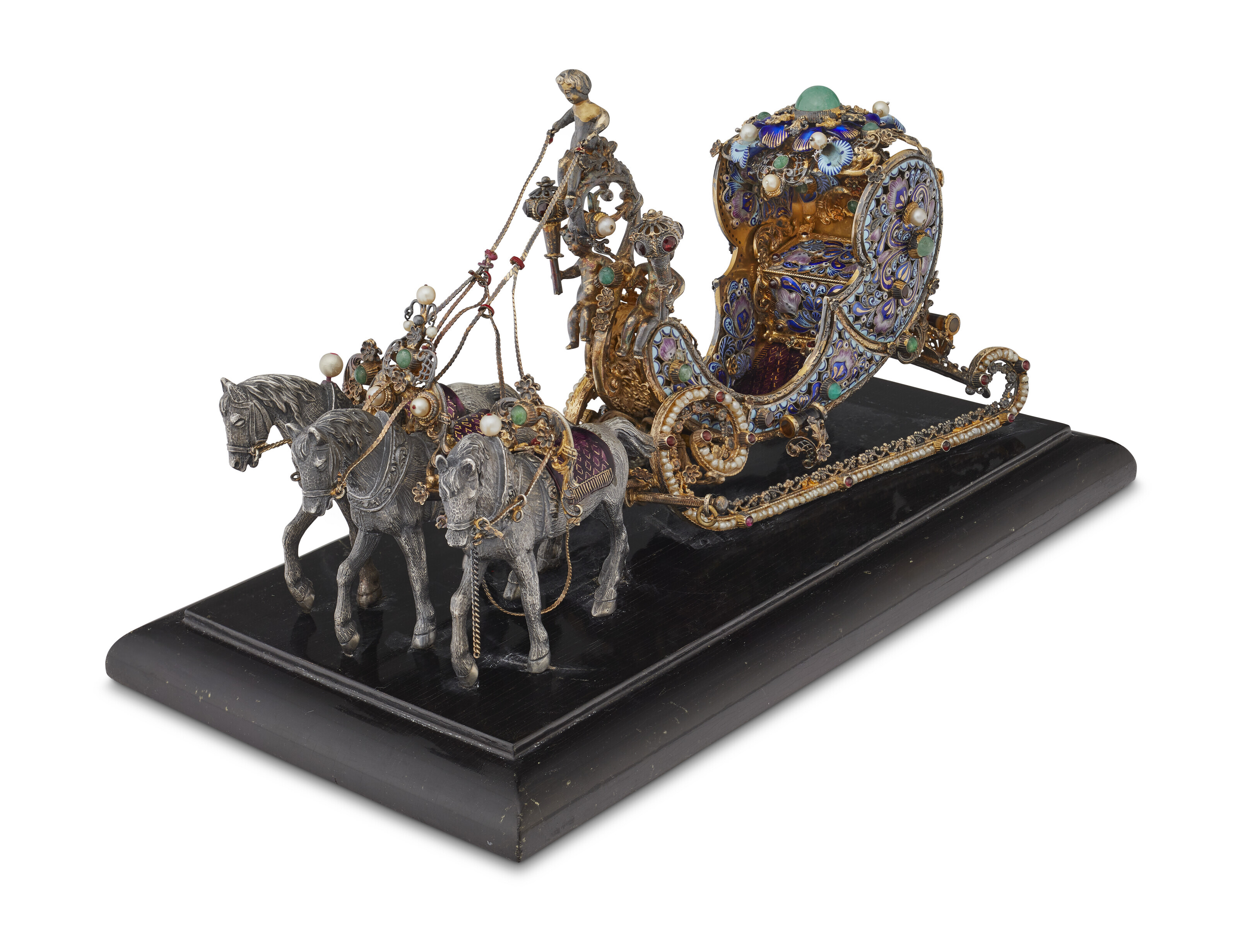 A CONTINENTAL ENAMEL AND GEM-MOUNTED SILVER AND SILVER-GILT MODEL OF A ...