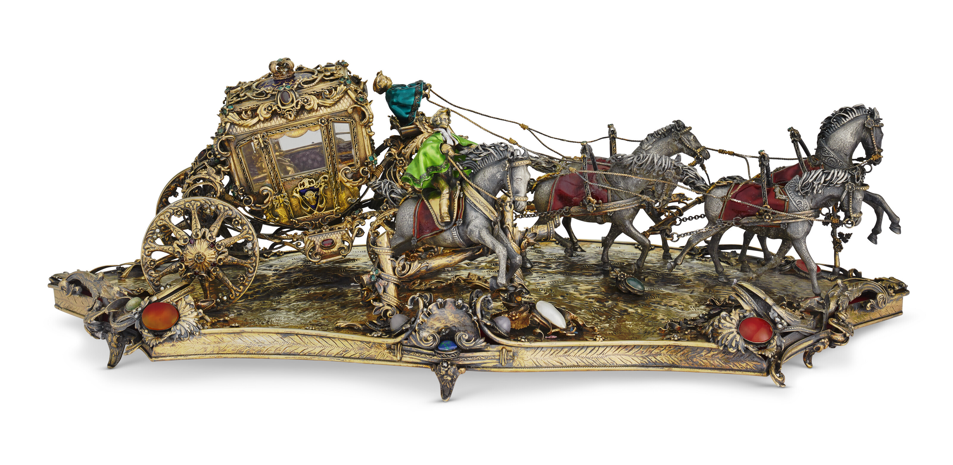 A CONTINENTAL SILVER-GILT, ENAMEL, AND HARDSTONE-MOUNTED MODEL OF A ...