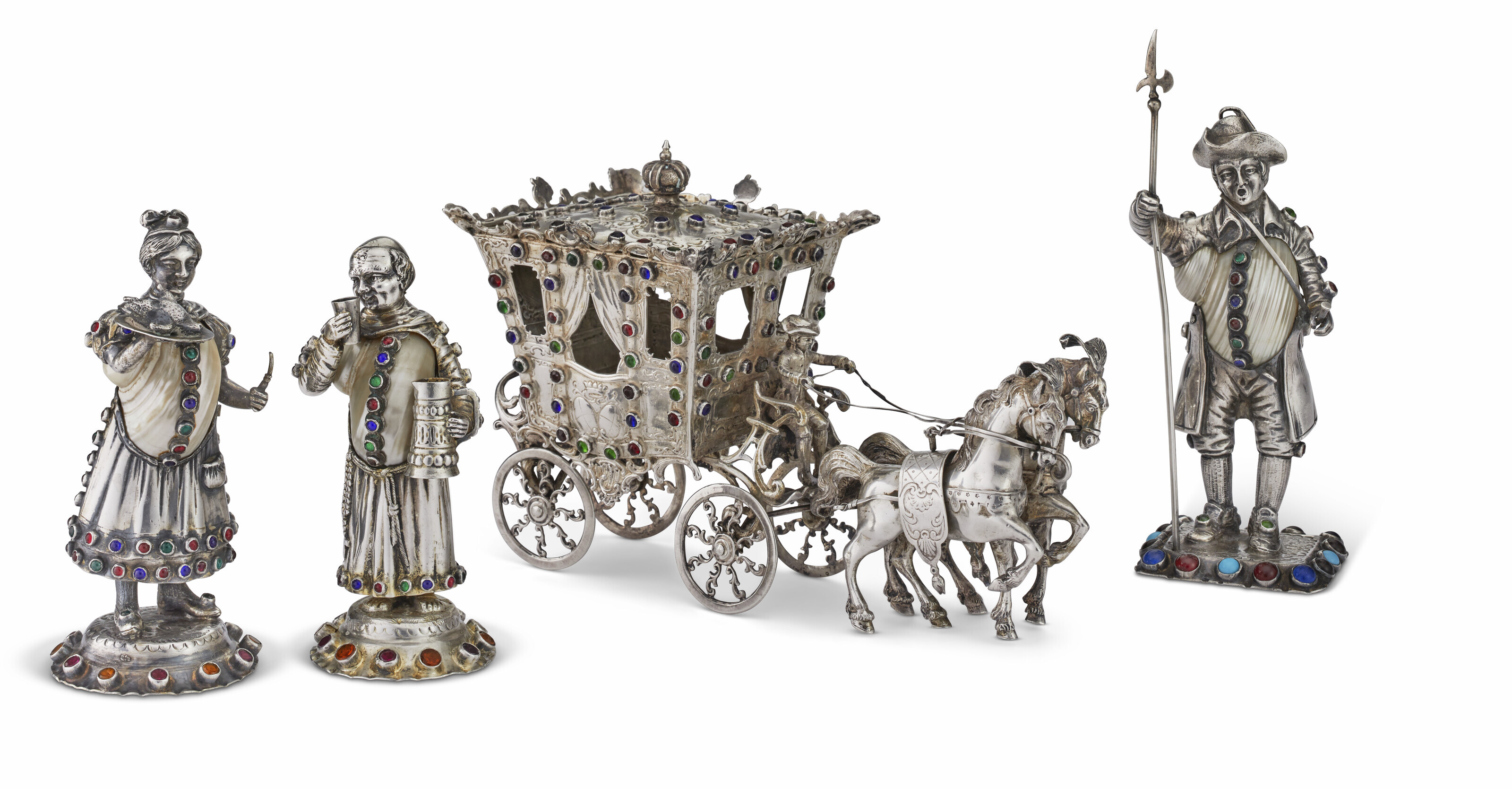 A GERMAN GEM-MOUNTED SILVER CARRIAGE AND THREE GEM-MOUNTED MOTHER-OF ...
