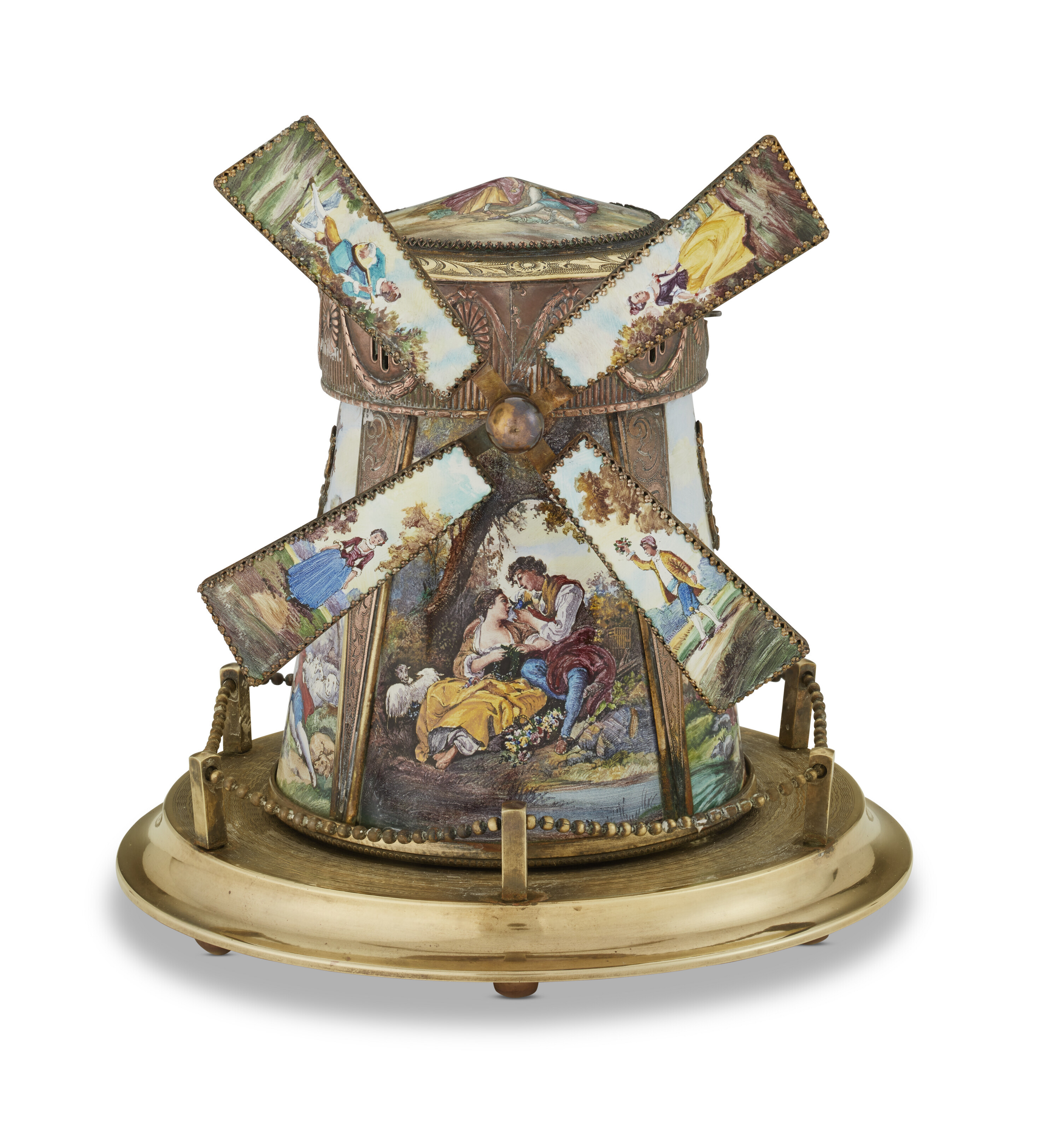 A CONTINENTAL SILVER-GILT, GILT-METAL, AND ENAMEL WINDMILL FORM MUSIC ...