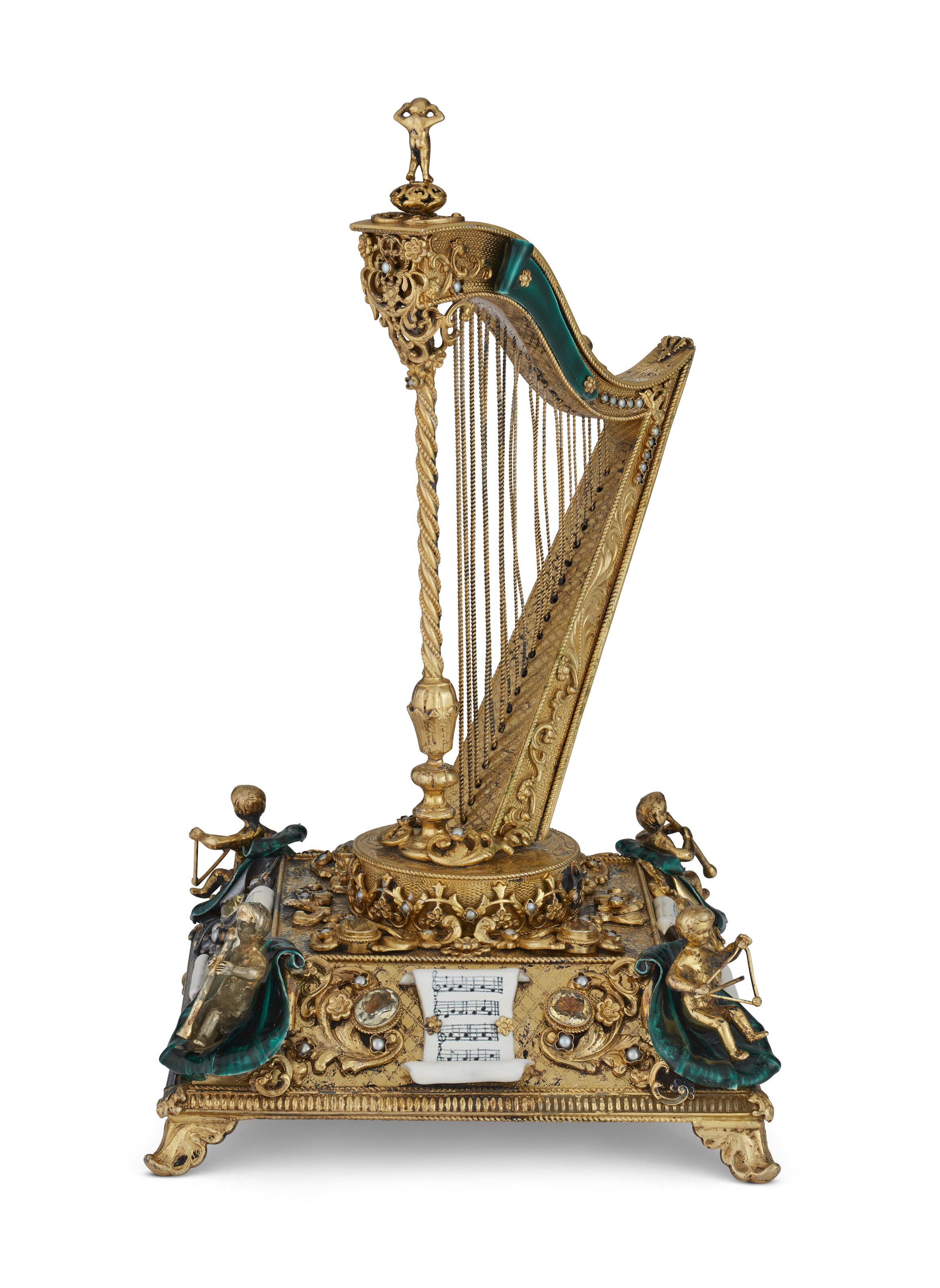 A CONTINENTAL SILVER-GILT AND ENAMEL HARP-FORM MUSIC BOX, POSSIBLY ...